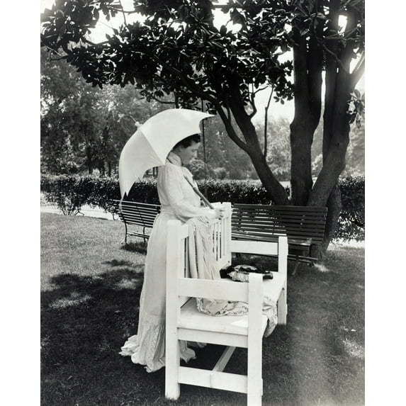 Print: Mrs. Theodore Roosevelt, Full-Length Portrait, Standing By Bench ...