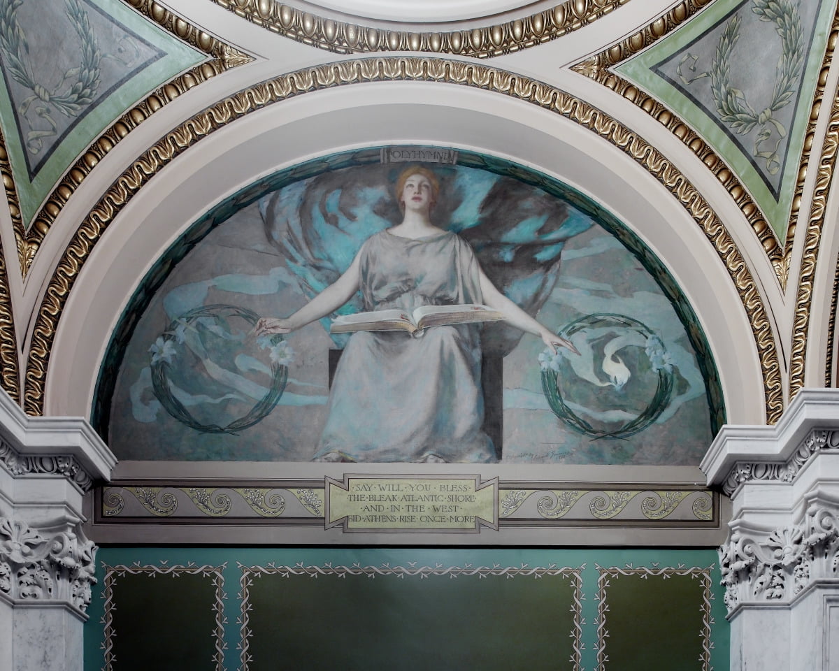 Print: Northwest Corridor, First Floor. Mural Depicting The Muse ...