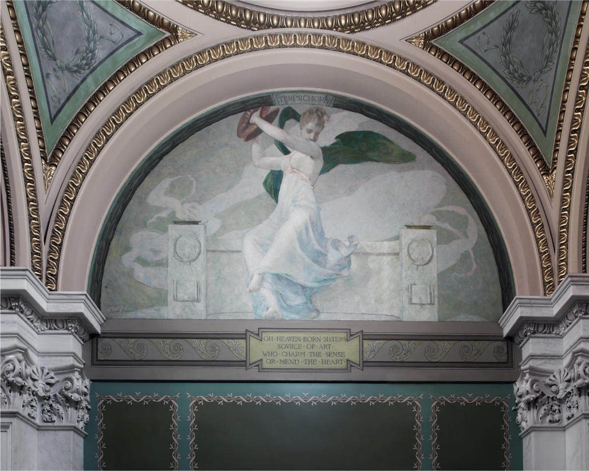 Print: Northwest Corridor, First Floor. Mural Depicting The Muse ...
