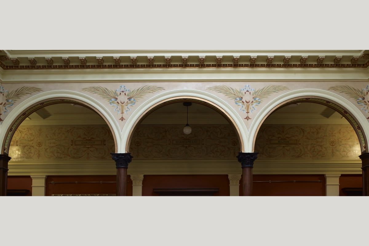 Print: Oil Painting Floral Arch Fills Located In Atrium, Second Level ...