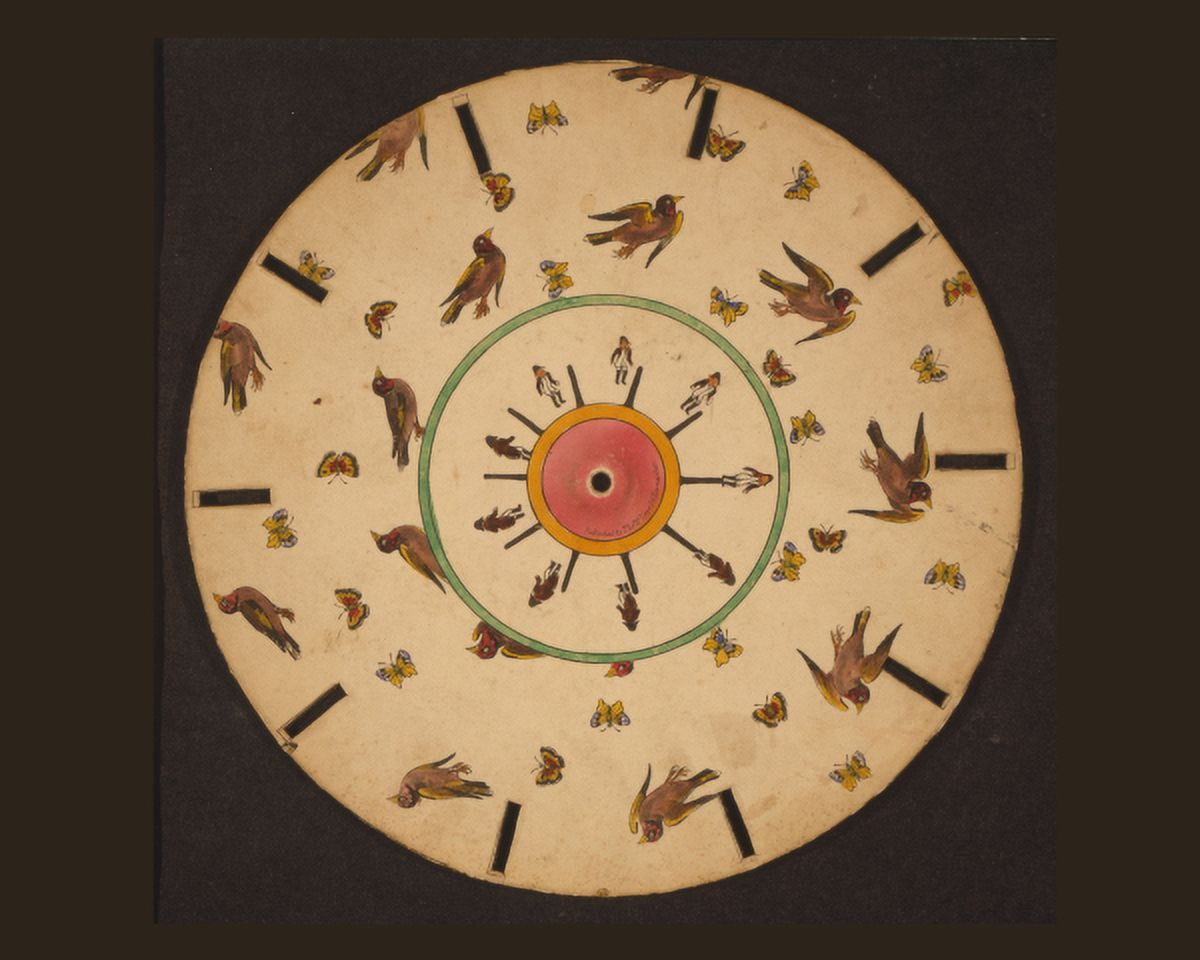 Print: Optical Illusion Disc With Birds, Butterflies, And A Man Jumping ...