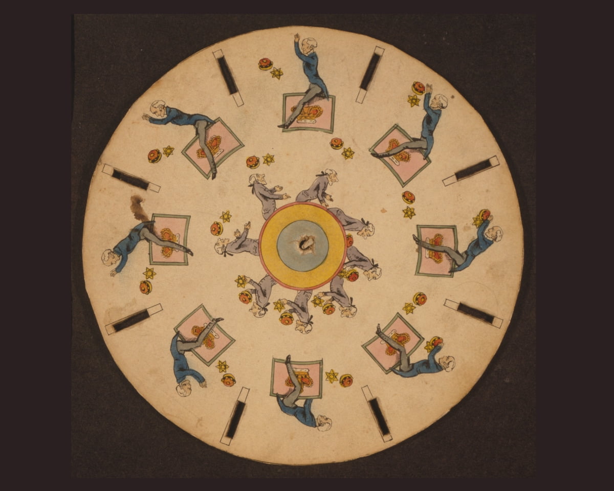 Print: Optical Illusion Disc With Two Men Throwing And Catching Cakes ...