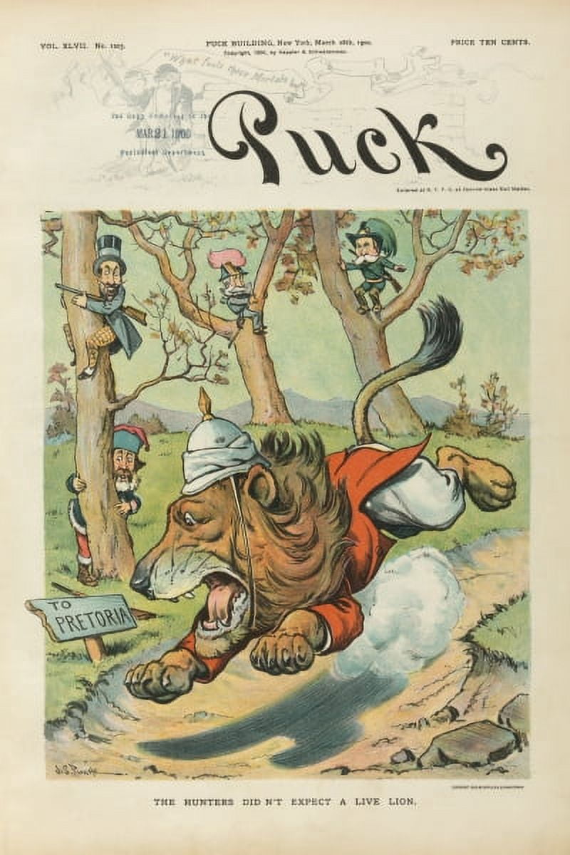 Print: Puck Magazine, The Hunters Didn't Expect A Live Lion, 1900 ...