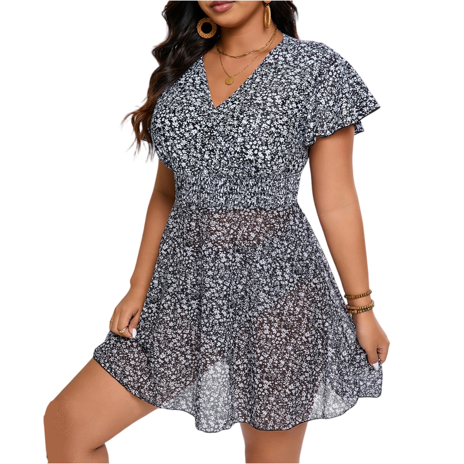 Print Short Sleeve Plus Size Swimwear Women Pink Large One Piece Dress ...
