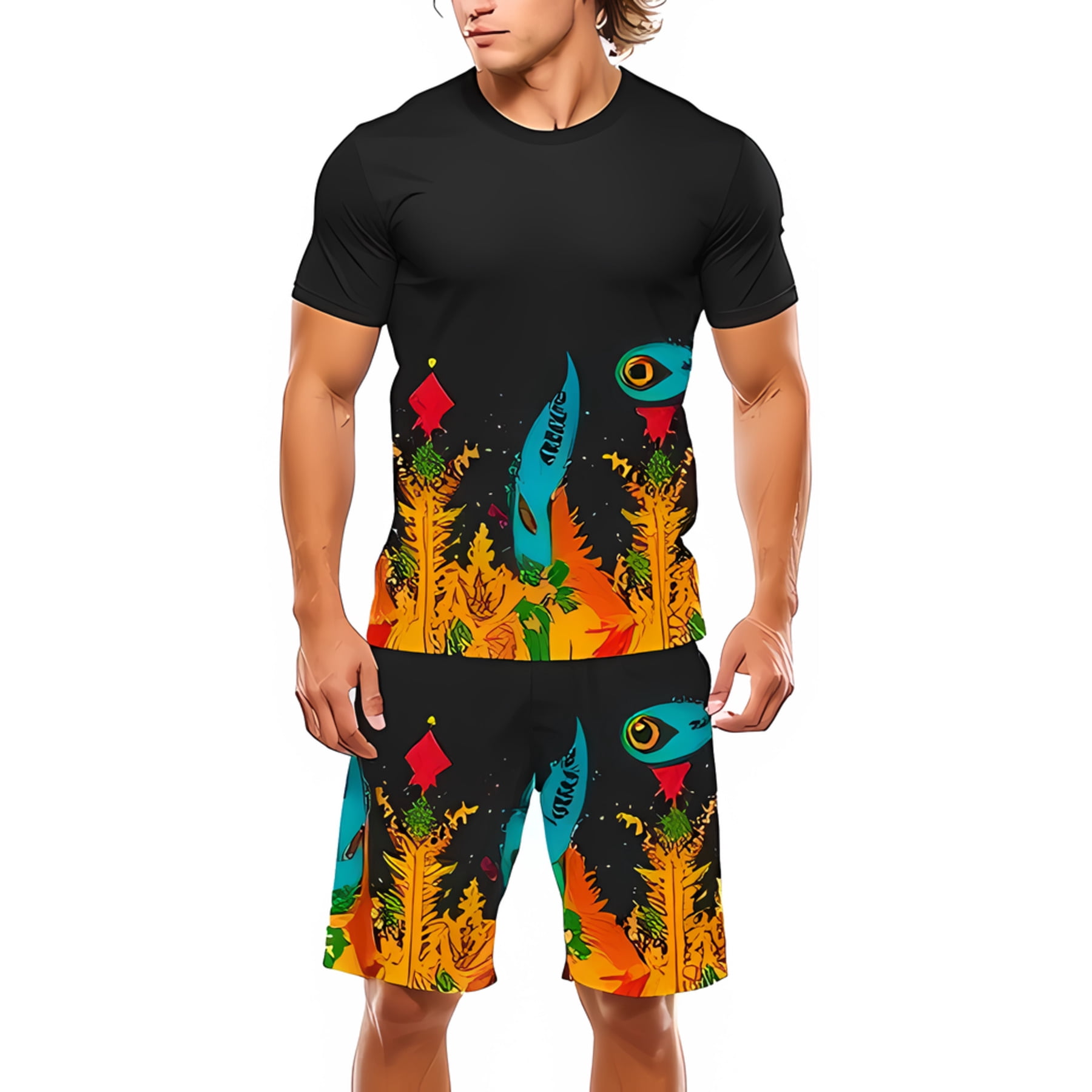 Print Short-Sleeve T-Shirt & Shorts Set for Men - Vibrant Teal Orange ...