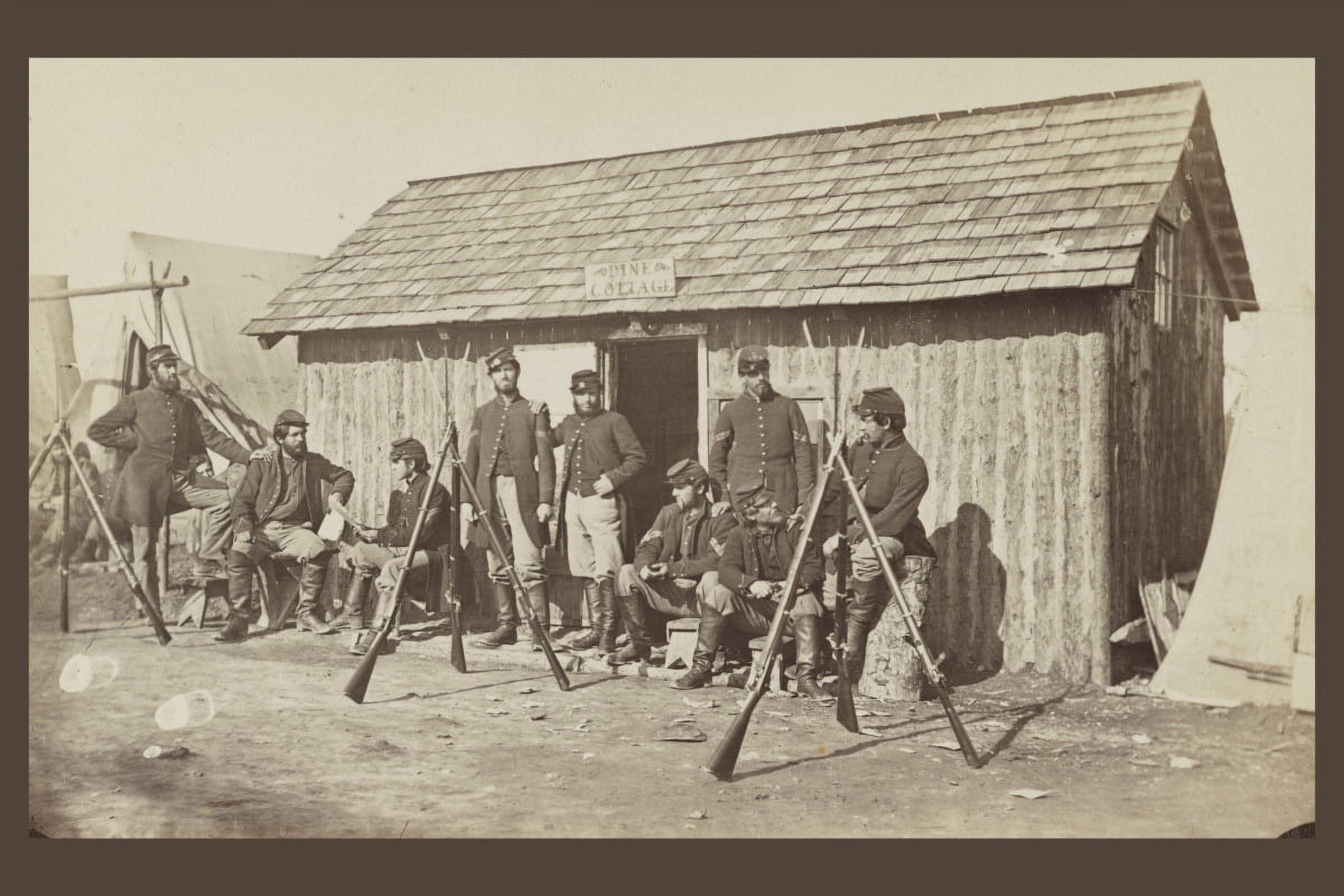 Print: Soldiers Outside A Log Cabin Winter Quarters, Identified As Pine ...