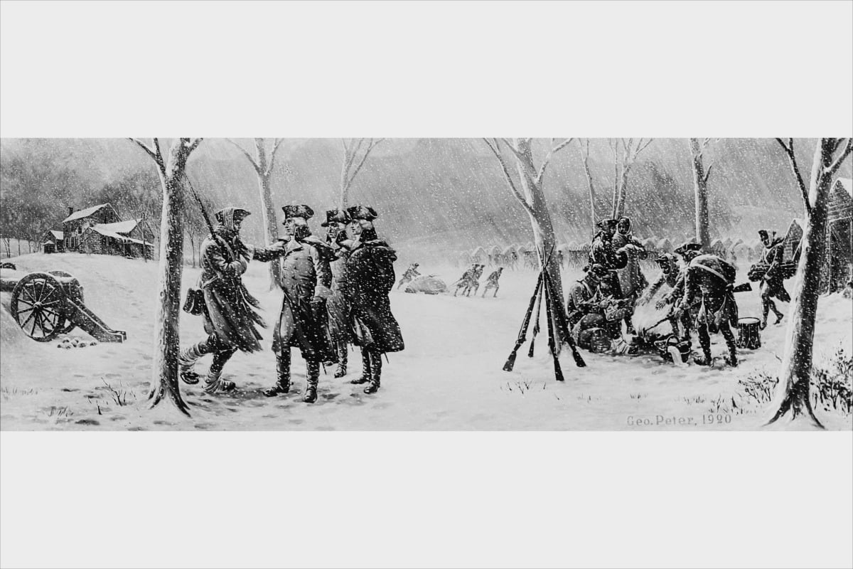Print: Soldiers Standing In Snow-Covered Military Camp, Valley Forge ...