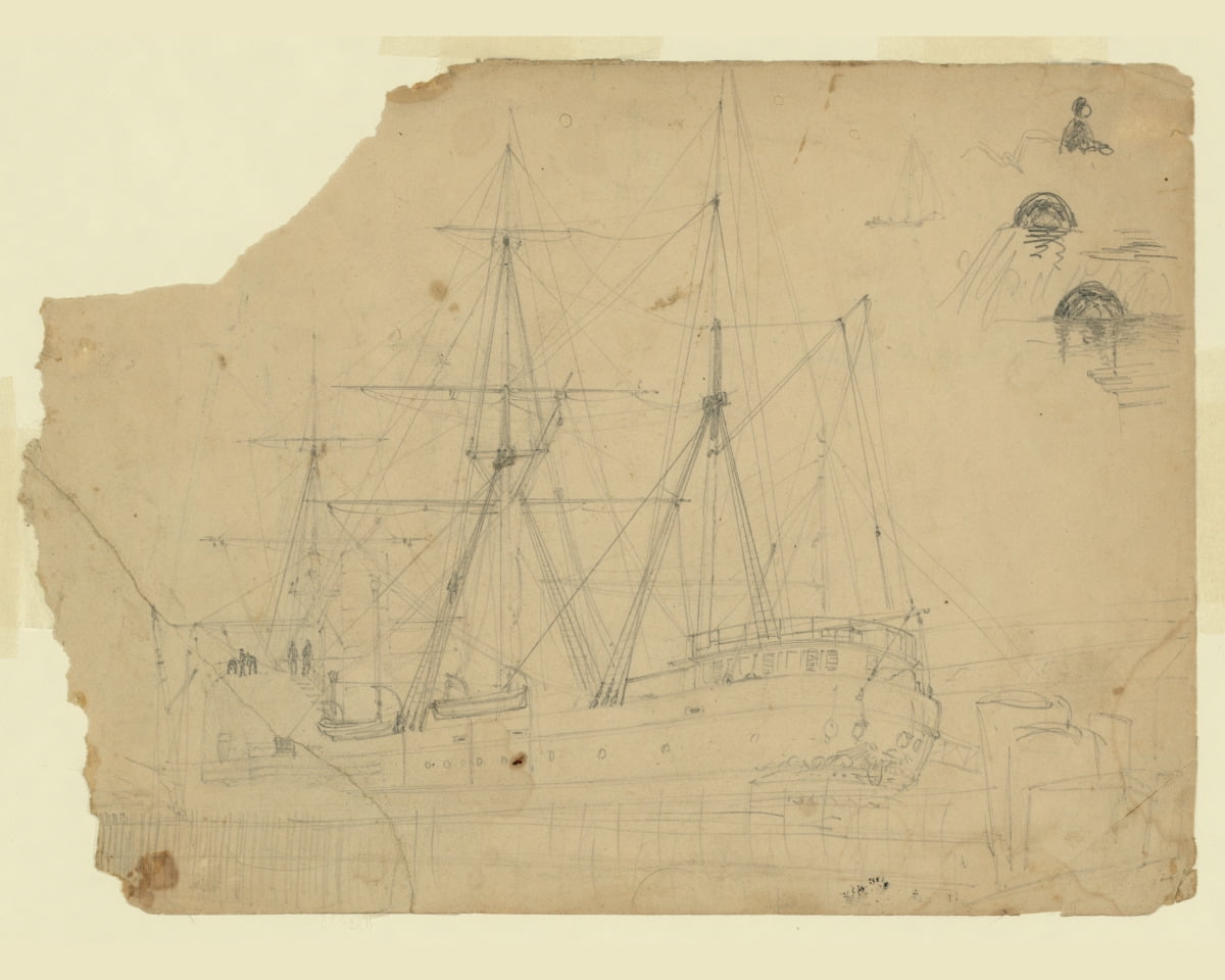 Print: Steamship With Sidewheel And Three Masts At Dock, circa 1860 ...