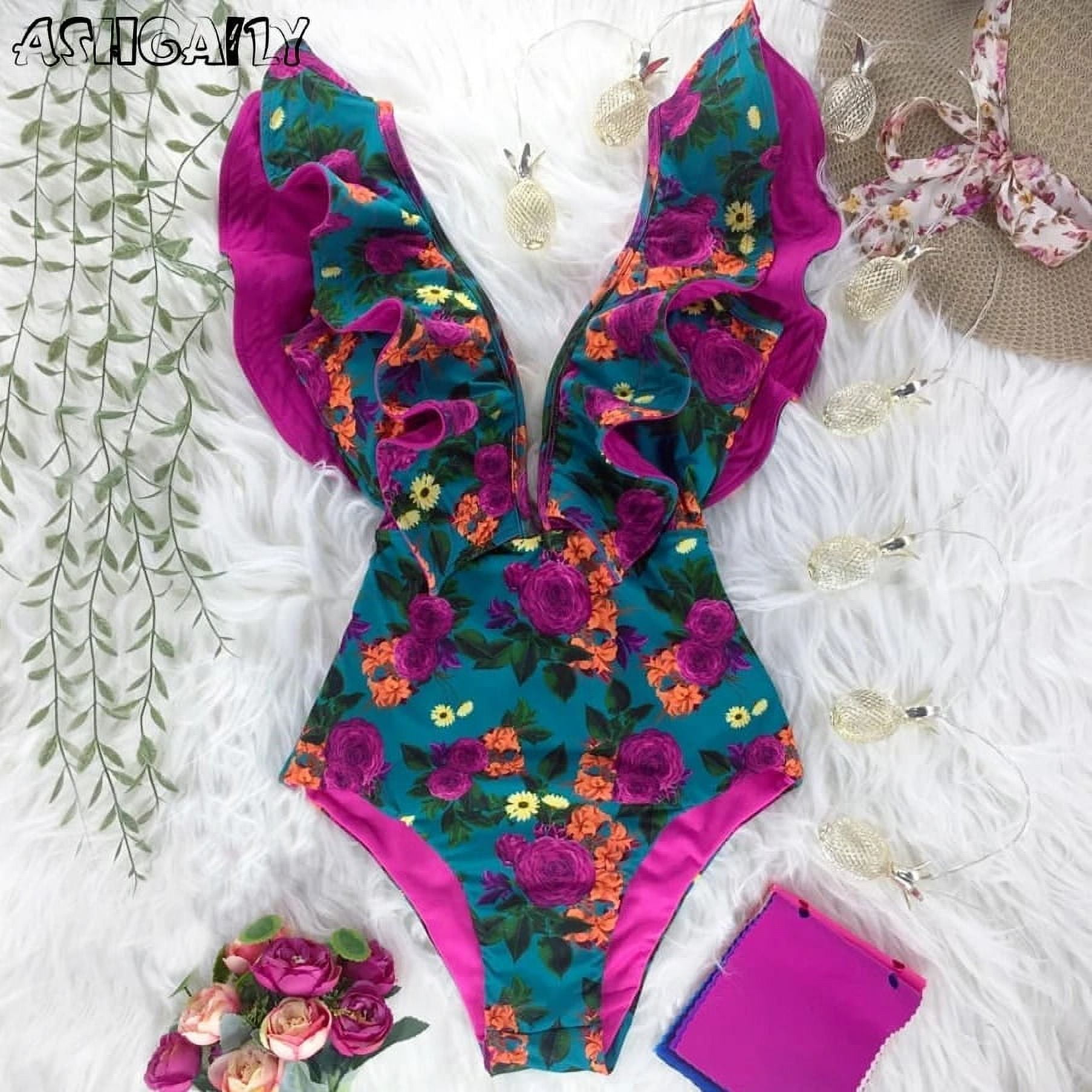 Print Swimwear Deep V-neck Ruffle Swimsuit Push Up One Piece Swimsuit ...