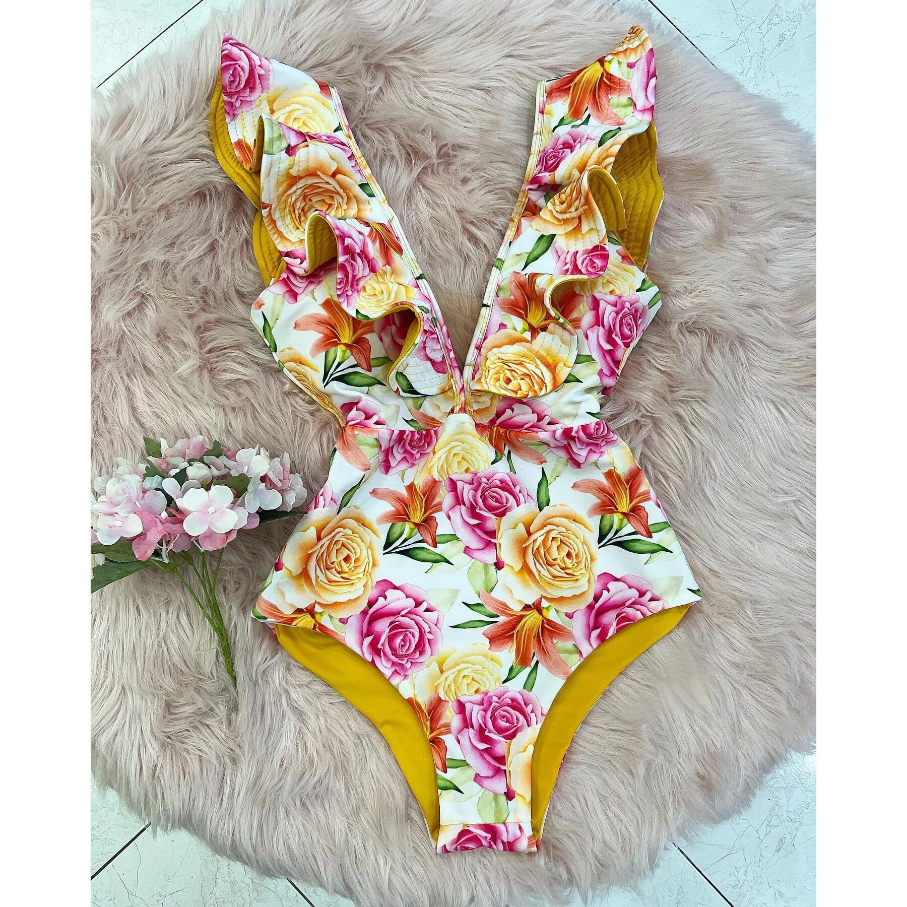 Print Swimwear Deep V-neck Ruffle Swimsuit Push Up One Piece Swimsuit ...