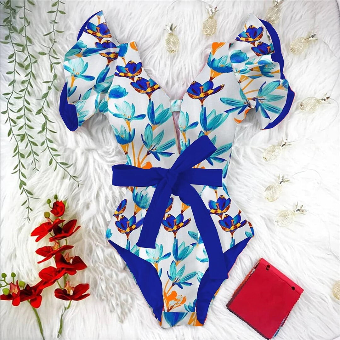 Print Swimwear Deep V-neck Ruffle Swimsuit Push Up One Piece Swimsuit ...