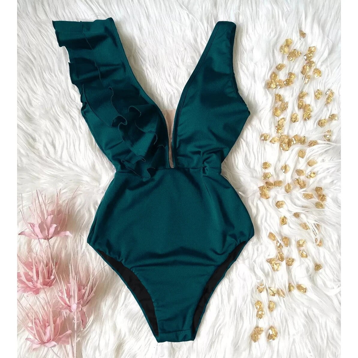 Print Swimwear Deep V-neck Ruffle Swimsuit Push Up One Piece Swimsuit ...