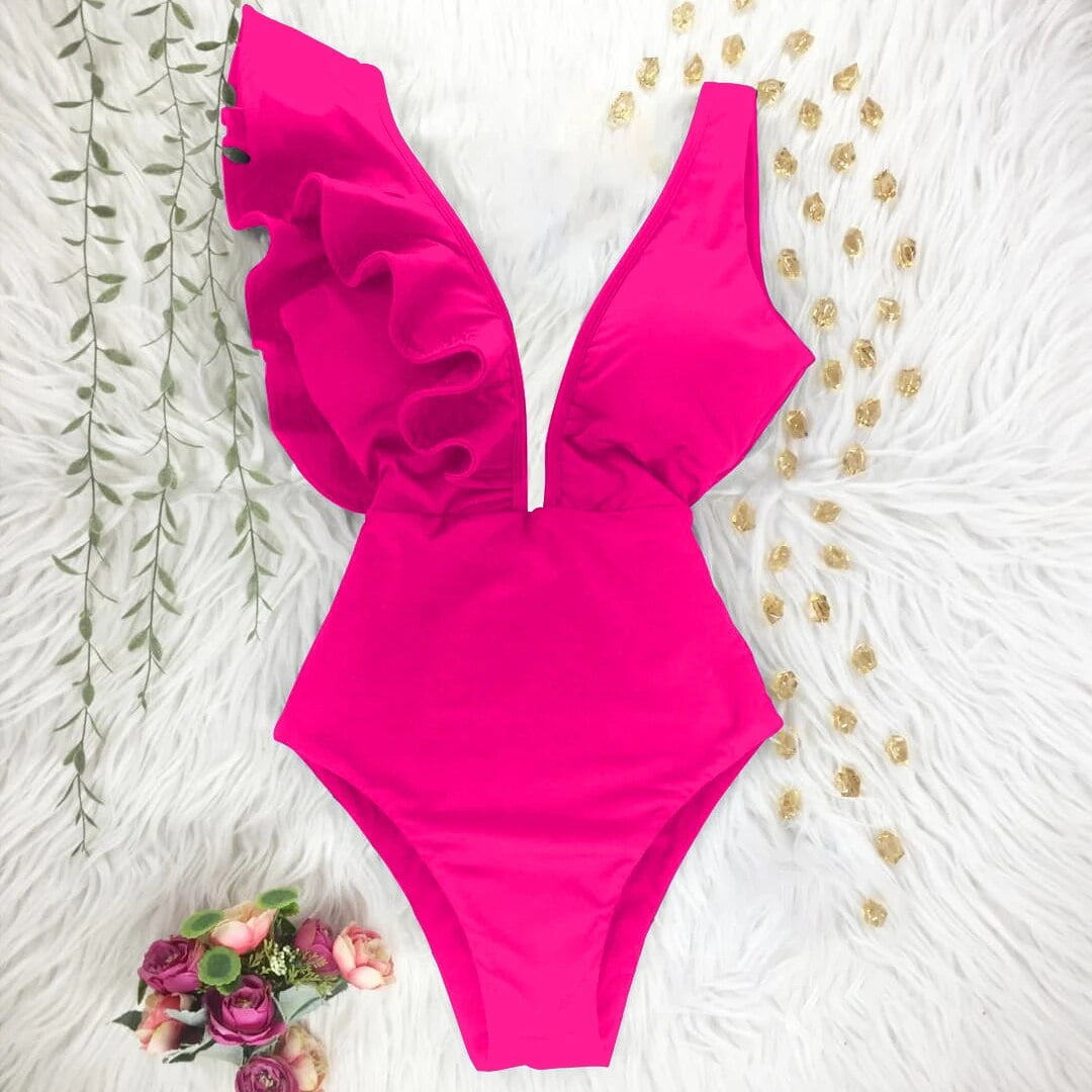 Print Swimwear Deep V-neck Ruffle Swimsuit Push Up One Piece Swimsuit ...