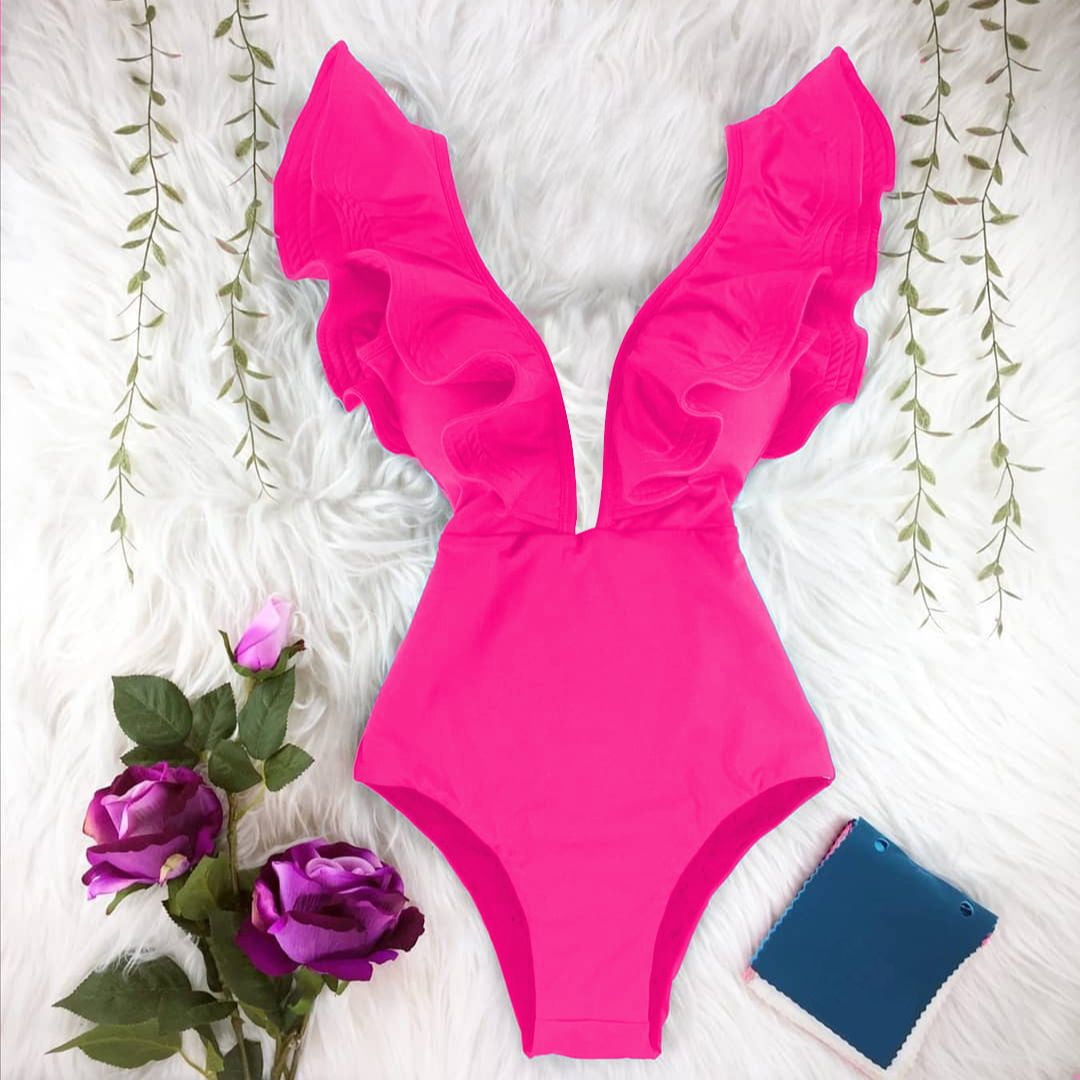 Print Swimwear Deep V Neck Ruffle Swimsuit Push Up One Piece Swimsuit