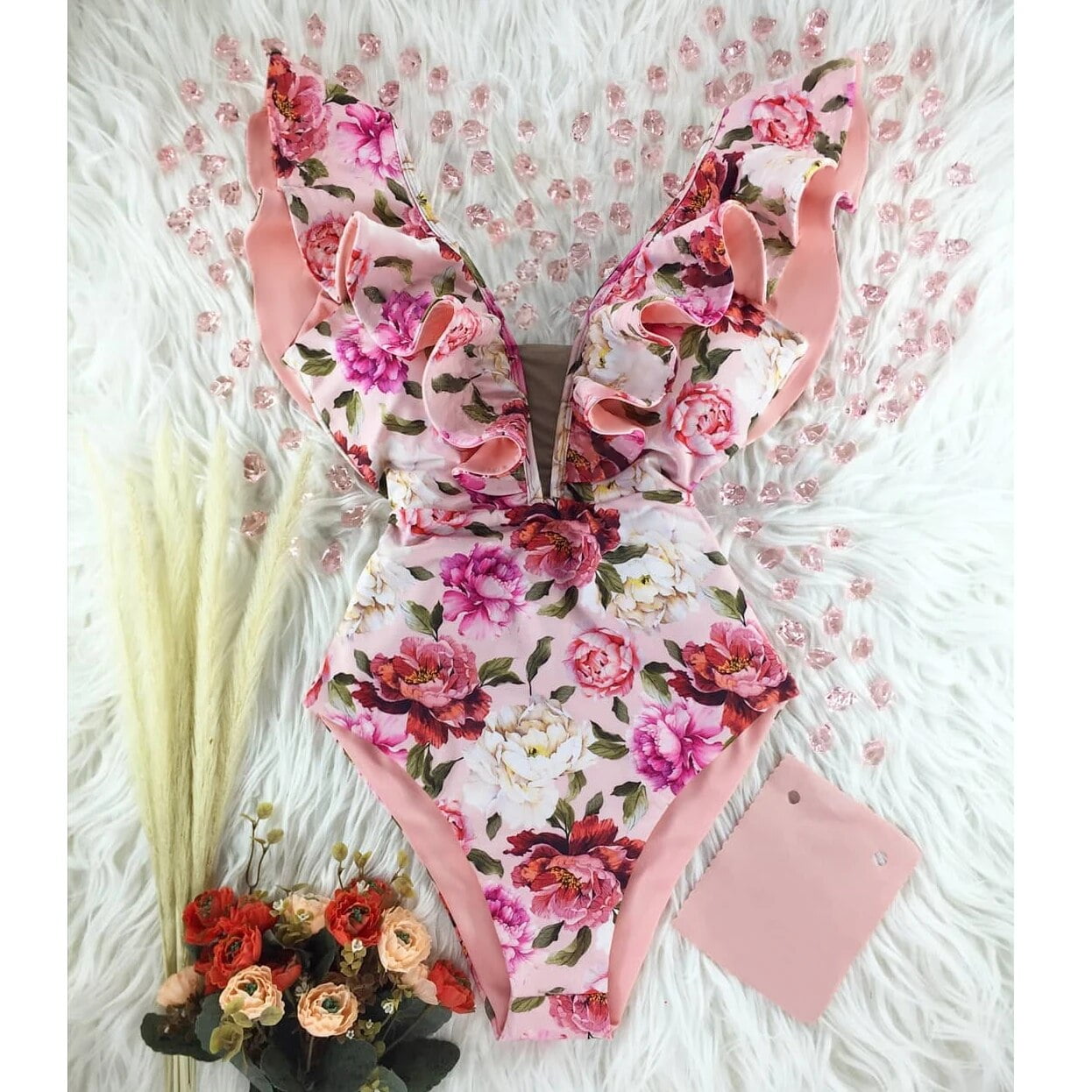 Print Swimwear Deep V-neck Ruffle Swimsuit Push Up One Piece Swimsuit ...