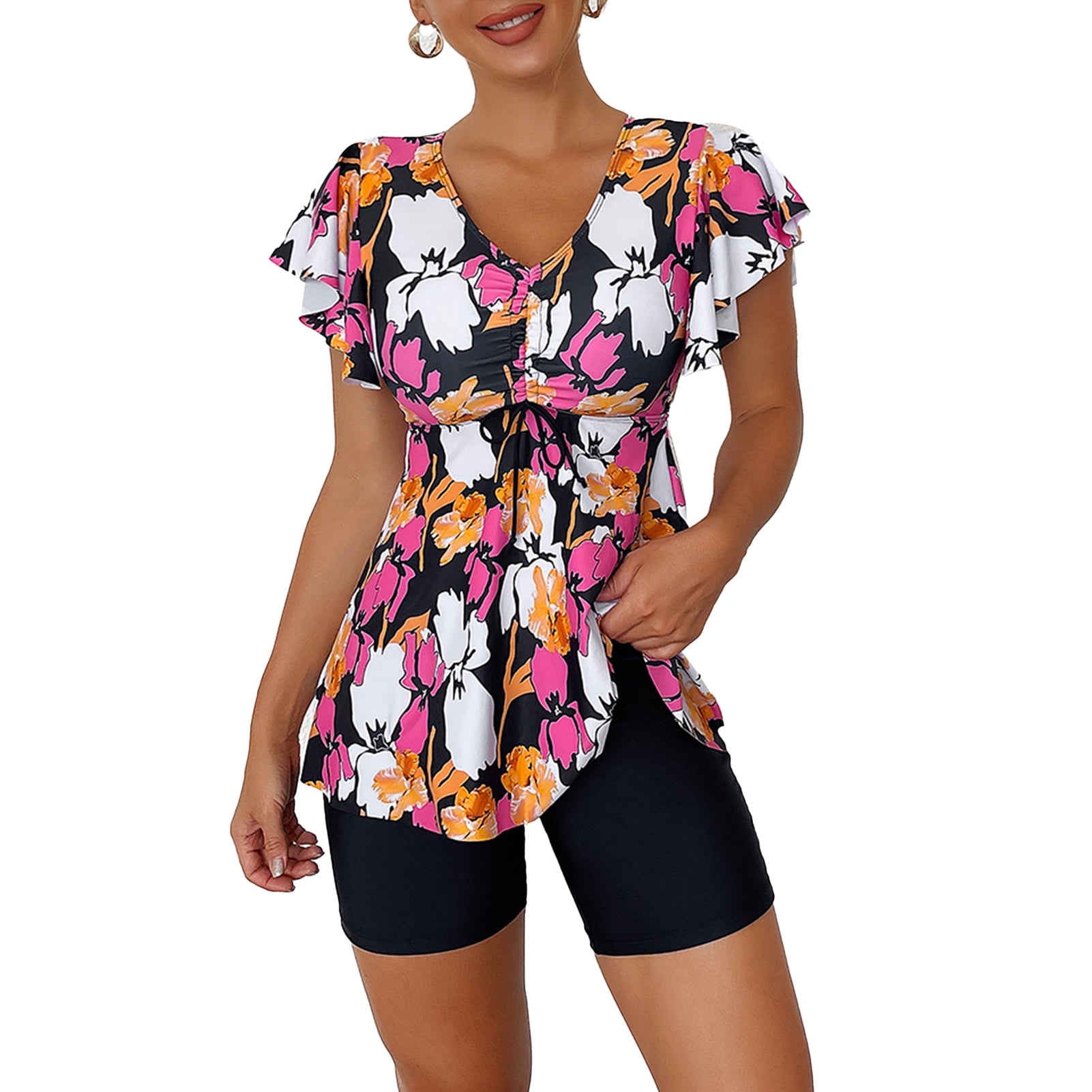 Print Two Piece Swimsuit V Neck Ruffle Floral Print Ruched Tied Front ...