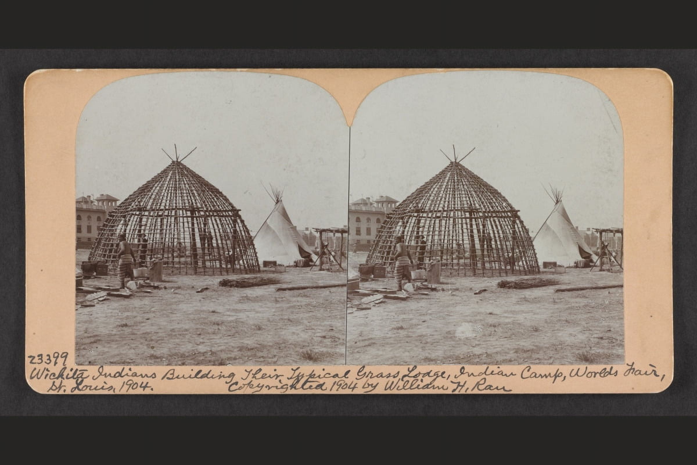Print: Wichita Indians Building Their Typical Grass Lodge, Indian Camp ...