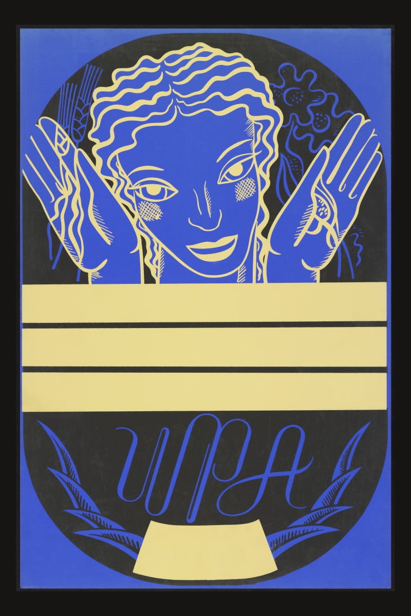Print: Wpa Poster Design On Blue Background Showing The Head And Hands ...