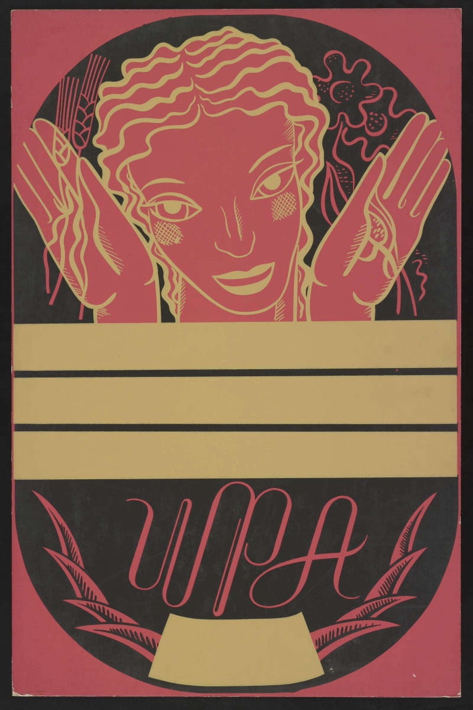 Print: Wpa Poster Design On Red Background Showing The Head And Hands ...