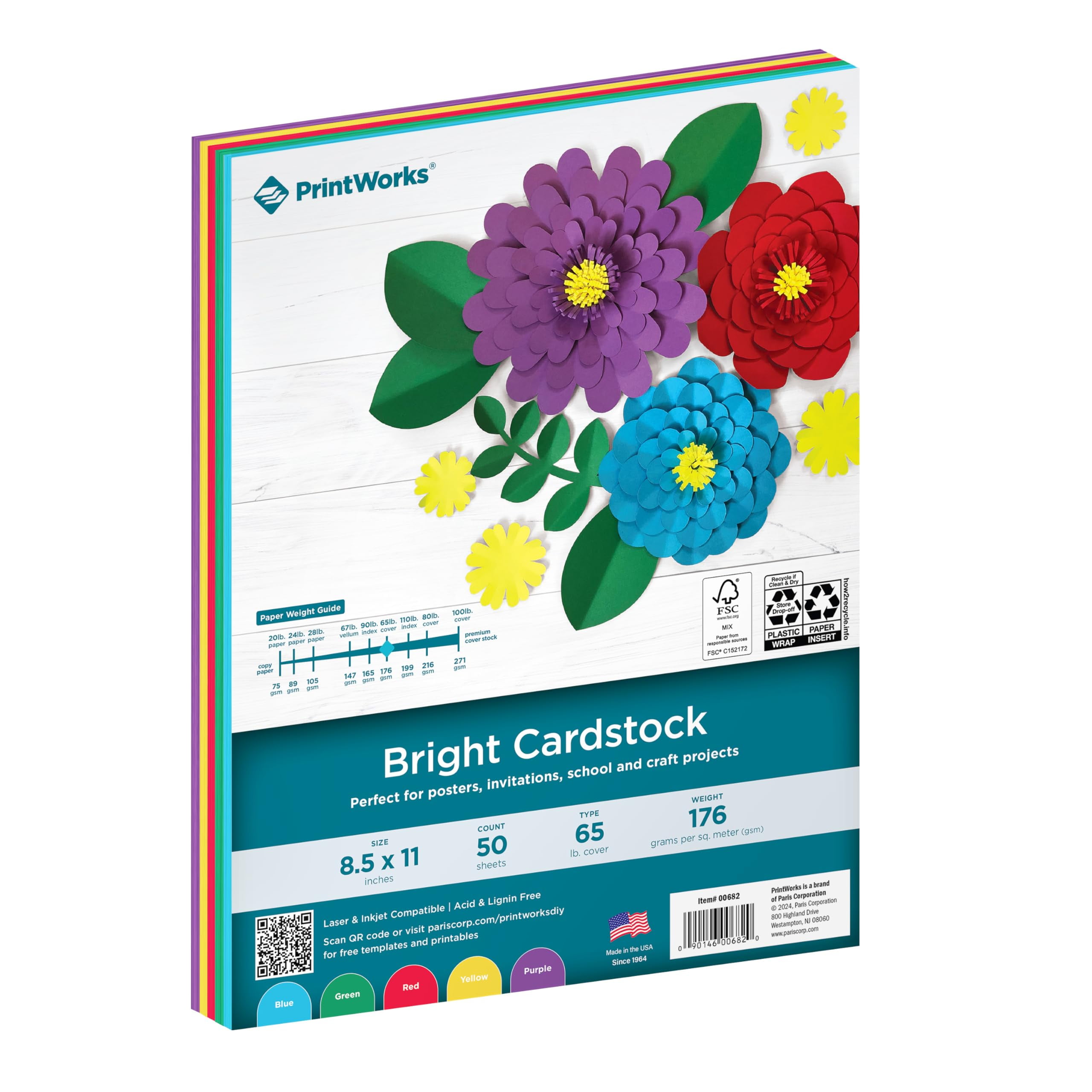 PrintWorks Bright Cardstock 8.5" SSF20 x 11" - 50 Sheets - 5 Assorted ...