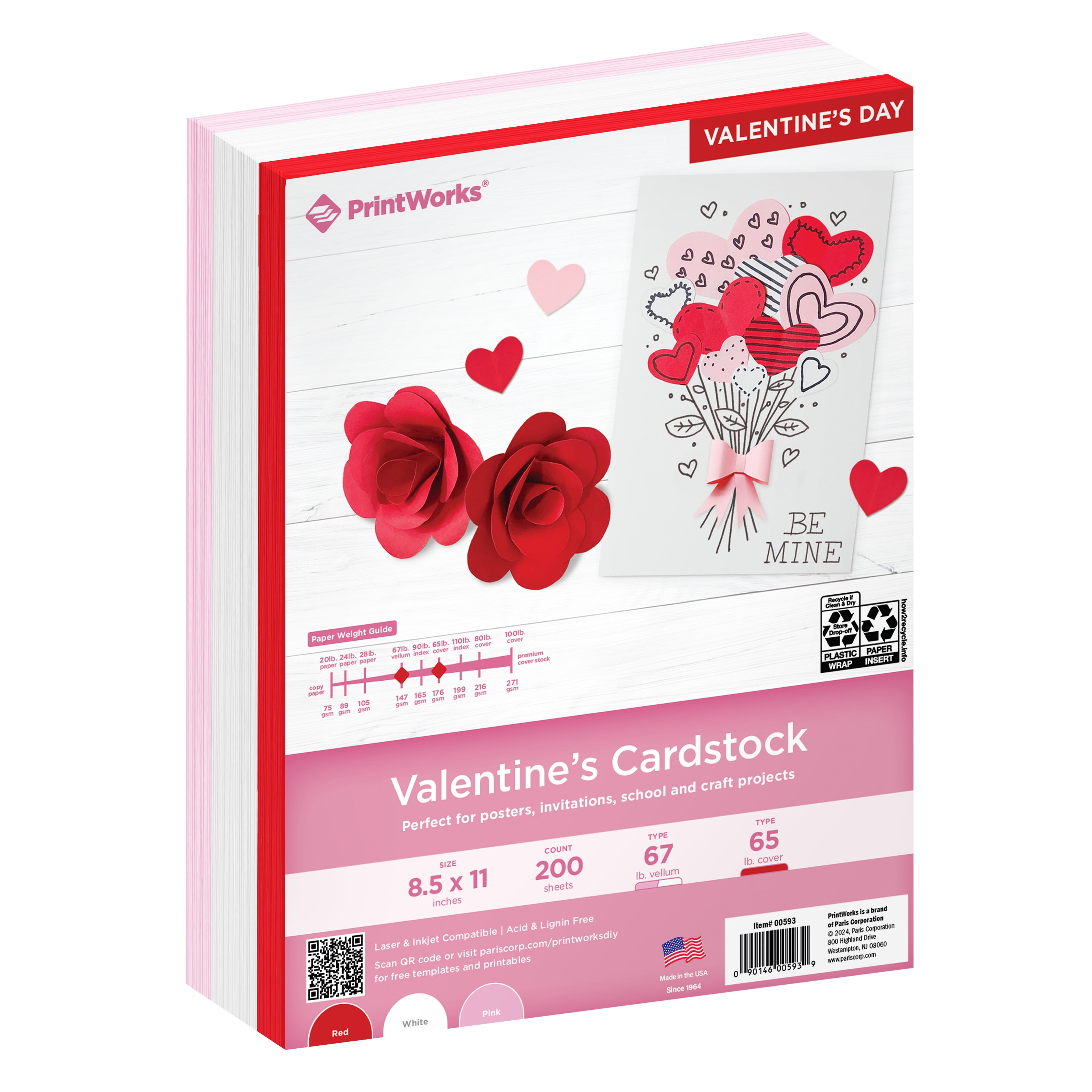 PrintWorks Valentine's Cardstock, 8.5" x 11", 67 lb, Pink, Red, & White ...