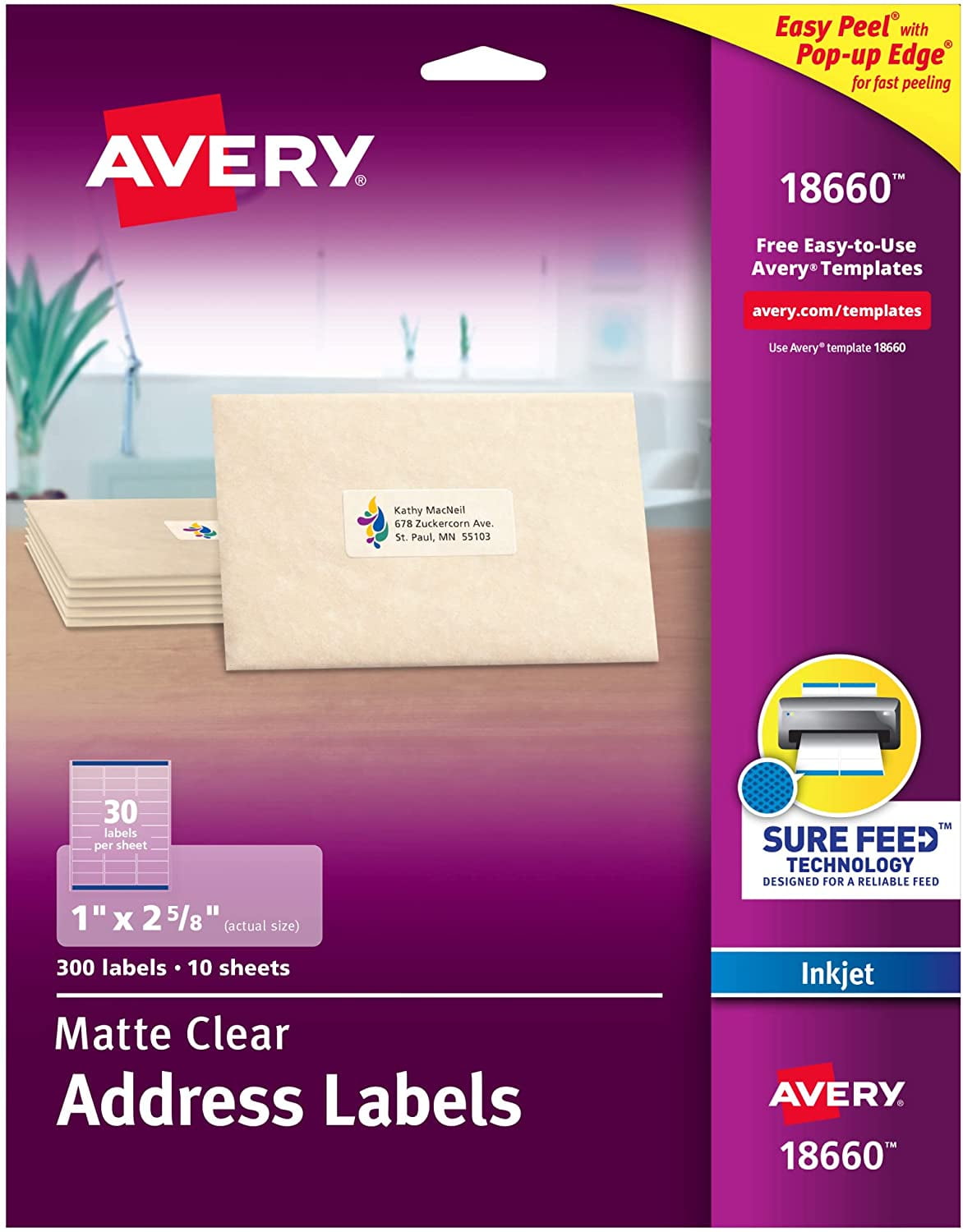 Printable Address Labels with Sure Feed, 1" x 2-5/8", Matte Clear, 300 ...