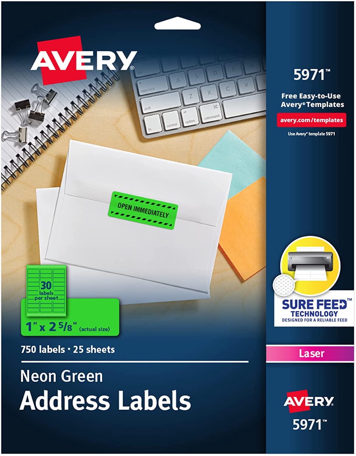 Printable Address Labels with Sure Feed, 1" x 2-5/8", Neon Green, 750 ...