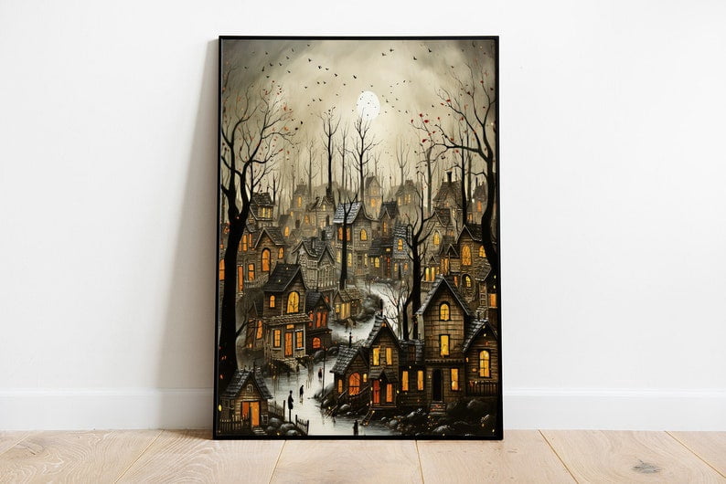 Printable Haunted Scene Print, Spooky Village Halloween Wall Art, Scary ...