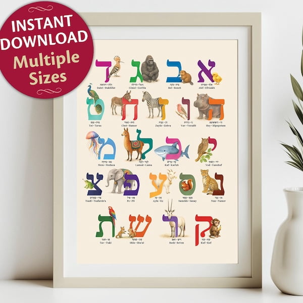Printable Hebrew Alphabet Animals Poster with Transcription - Alef Bet ...