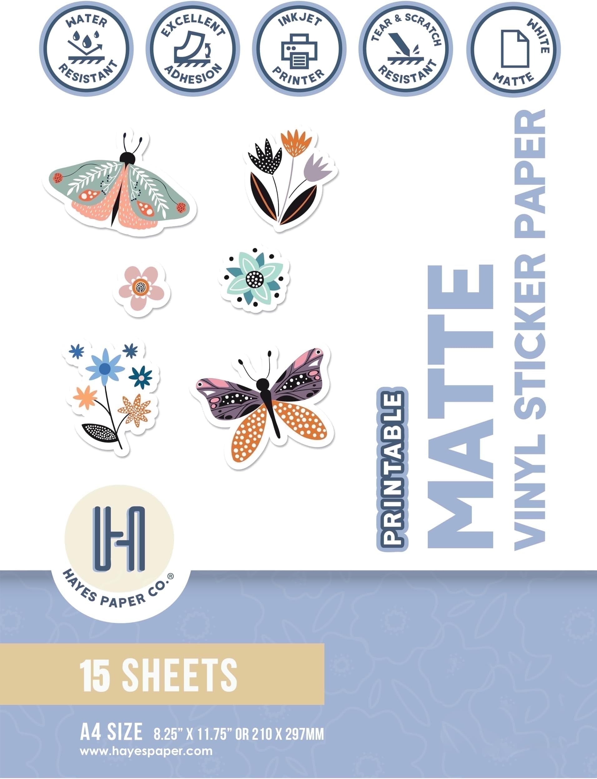 Hayes Paper Co. Matte Vinyl Sticker Paper, Waterproof, White, A4 Size 8 ...