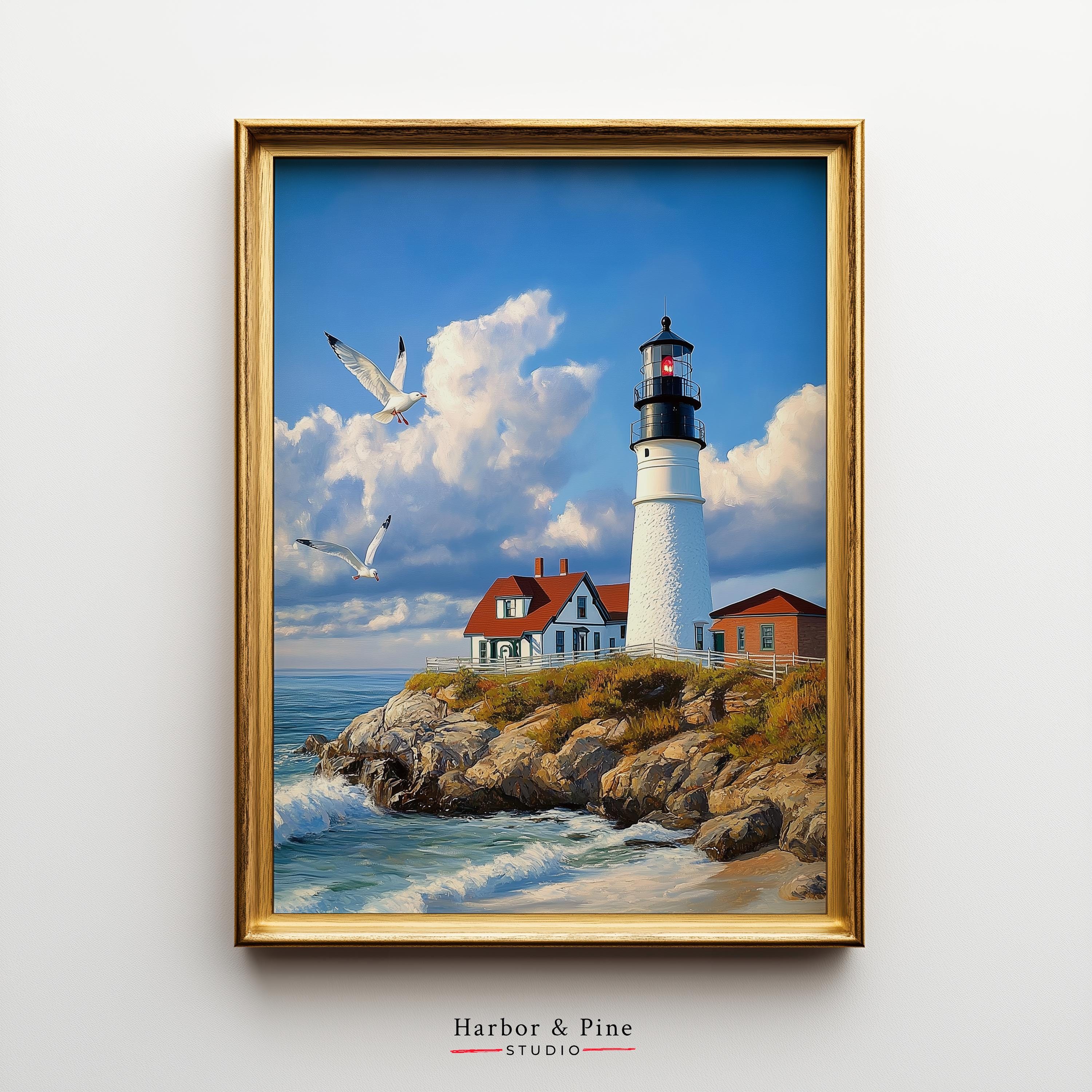 Printable Nautical Lighthouse Scene - Coastal Classic Wall Art, Serene ...