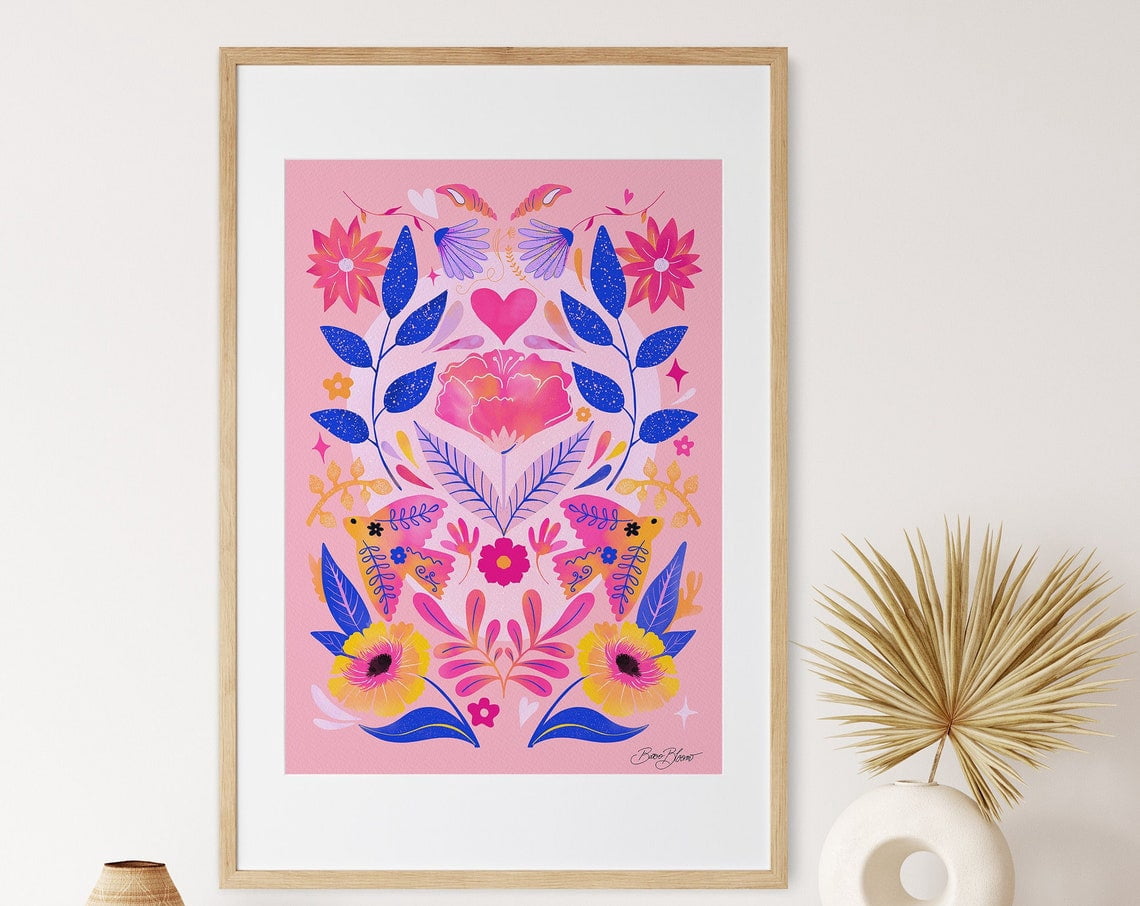 Printable Pink Floral Wall Art - Bright Colors Boho Art Print Instant ...