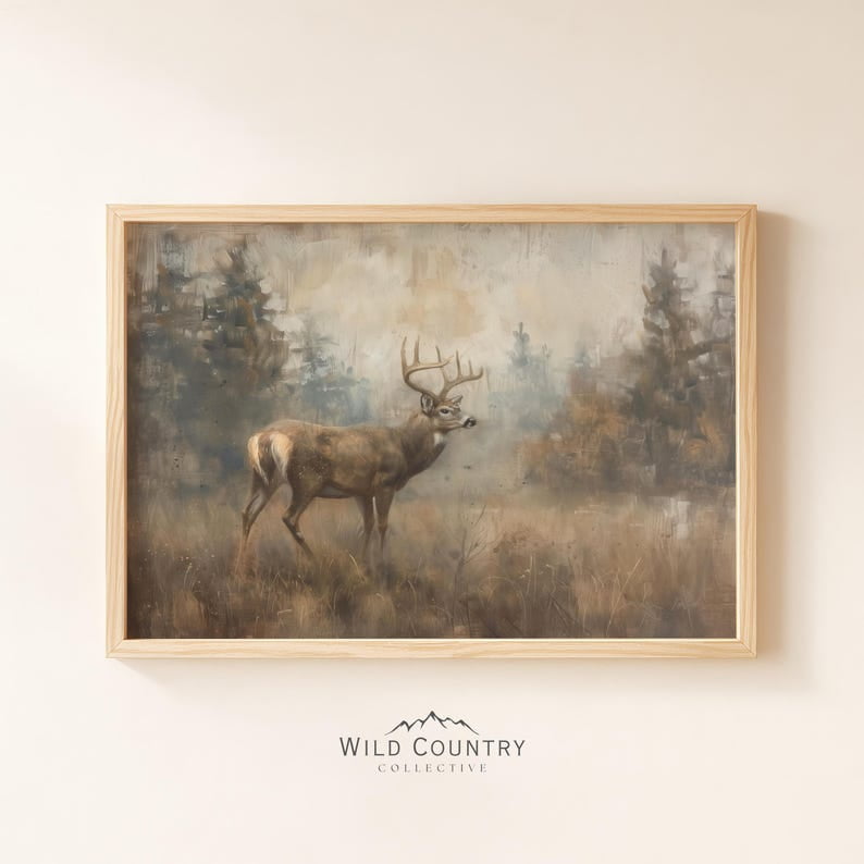 Printable Rustic Deer Landscape Painting, Vintage Woodland Room, Man ...
