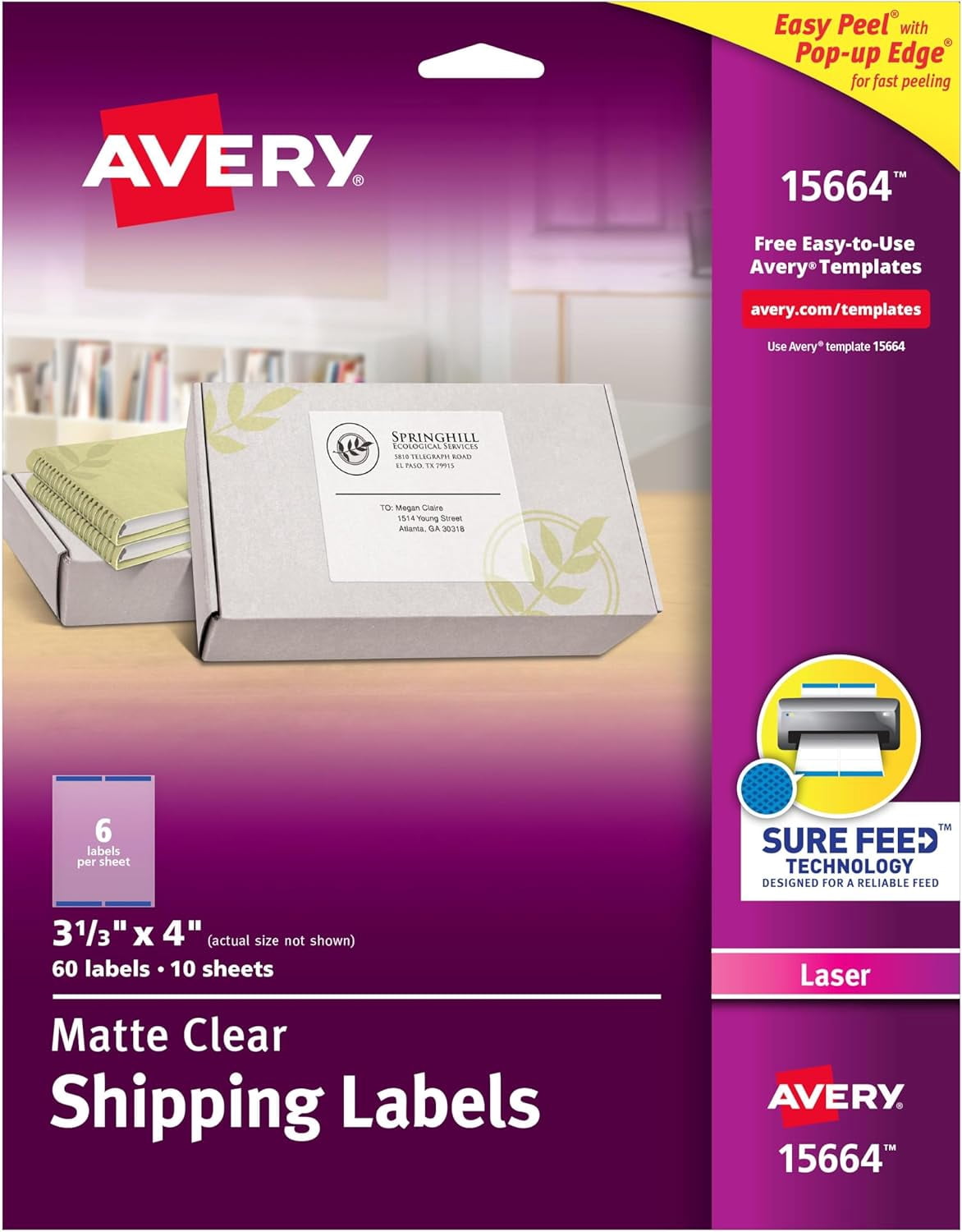 Printable Shipping Labels with Sure Feed, 3-1/3" x 4", Matte Clear, 60 ...