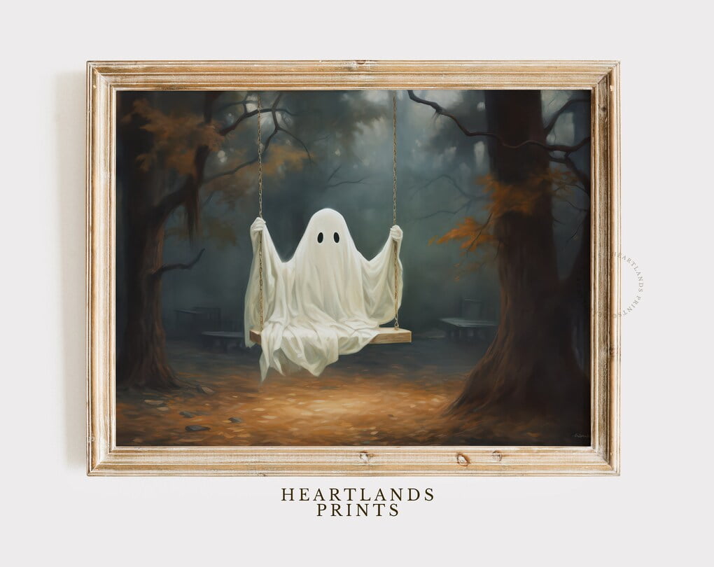 Printable Spooky Cute Ghost Artwork Of A Ghost On A Swing Painting ...