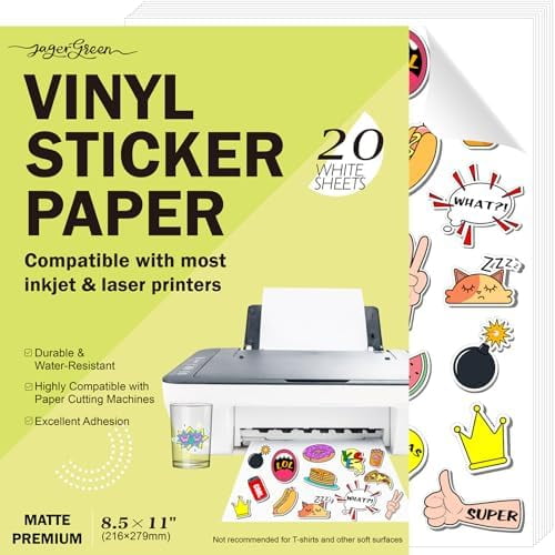 Printable Vinyl Sticker Paper for Inkjet & Laser Printers, 20 Sheets 8.5x11 Inch White Matte ...