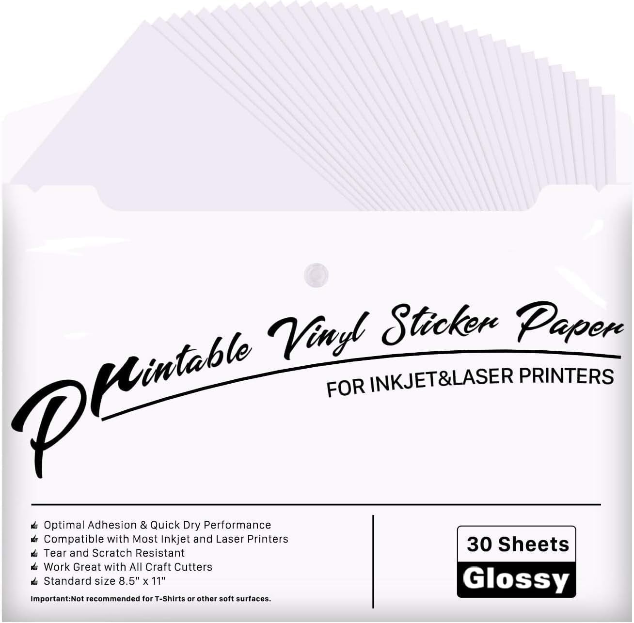 Printable Vinyl for Inkjet & Laser Printer - 30 Pack Printable Vinyl Sticker Paper Glossy White ...