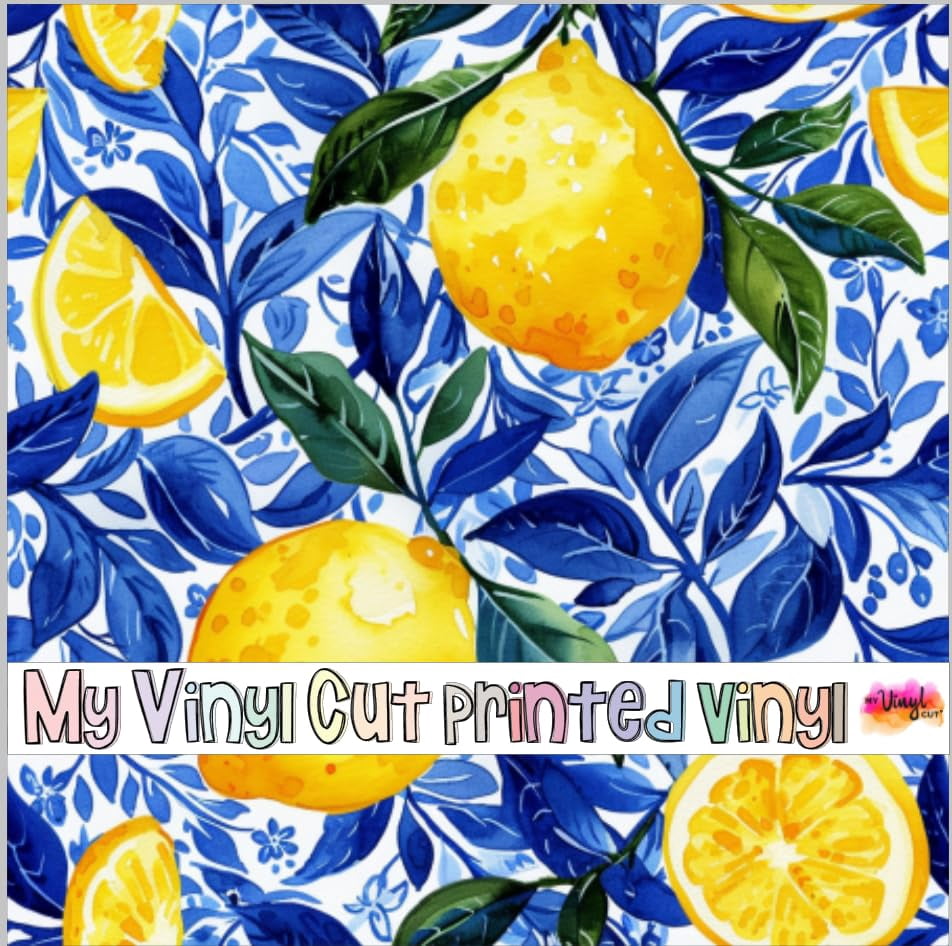Printed Adhesive Vinyl Blue and Lemons D Pattern Permanent Adhesive (XL ...