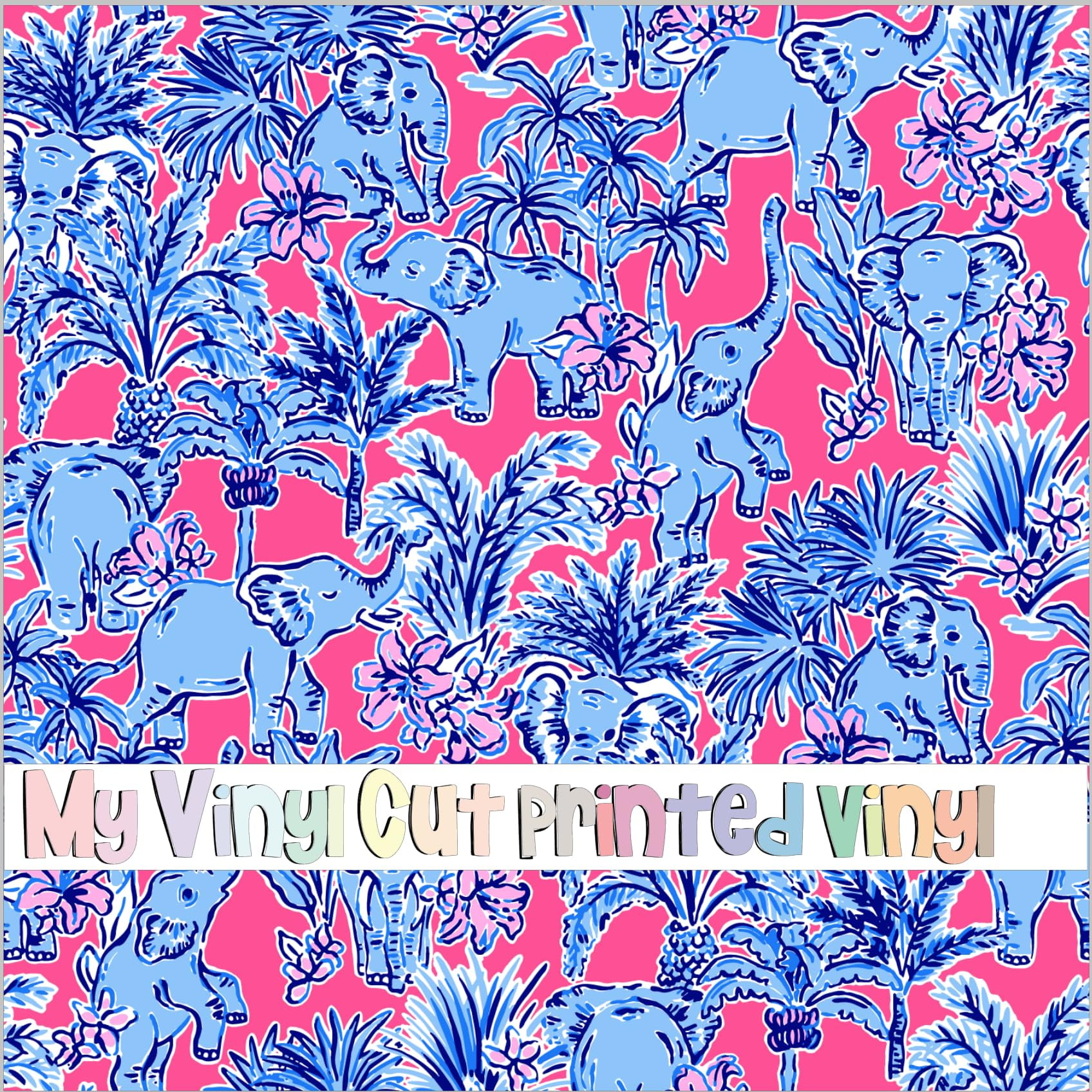 Printed Adhesive Vinyl Elephent Jungle Blue Pattern Permanent Adhesive ...