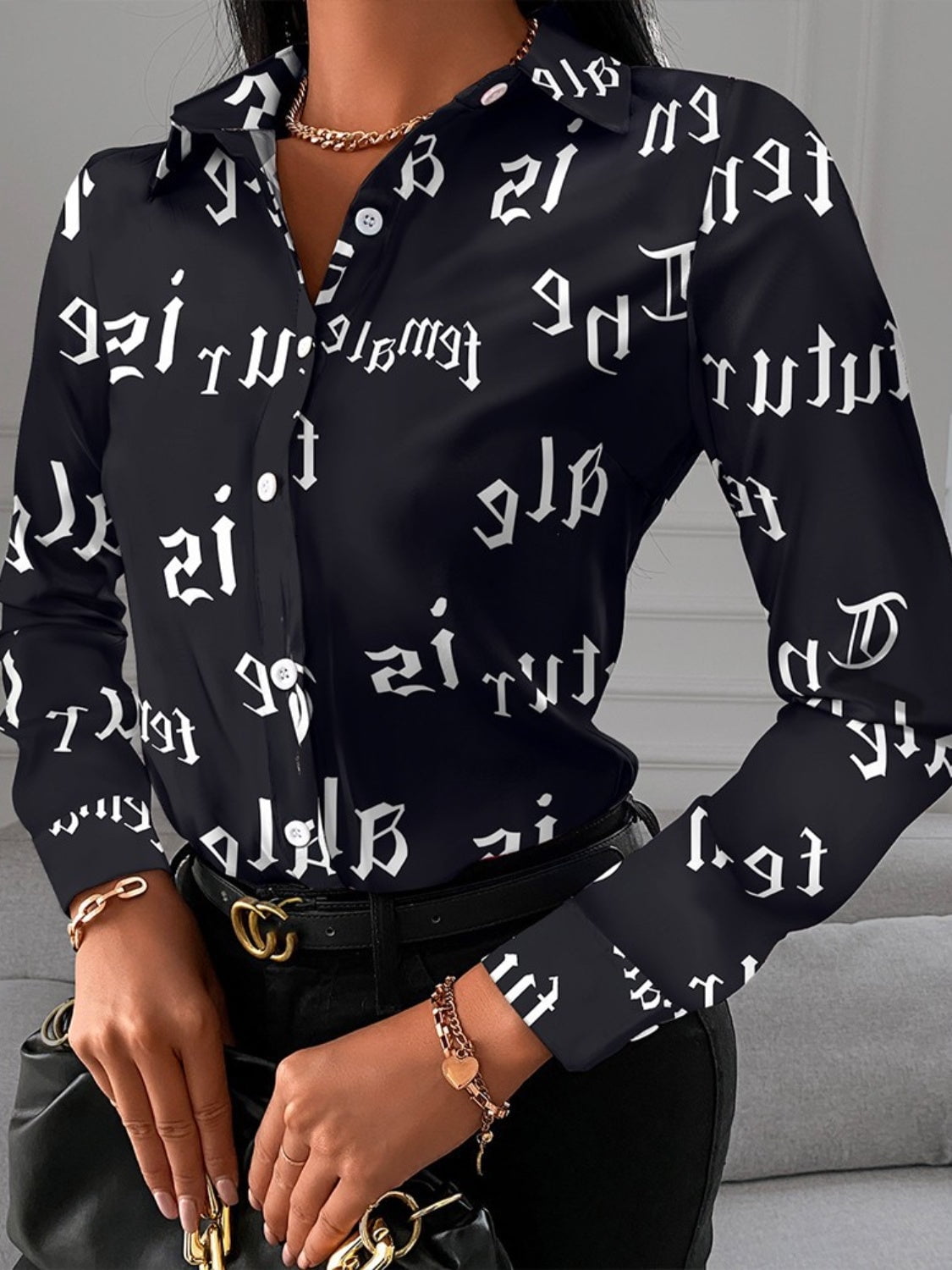 Printed Collared Neck Long Sleeve Shirt - Walmart.com