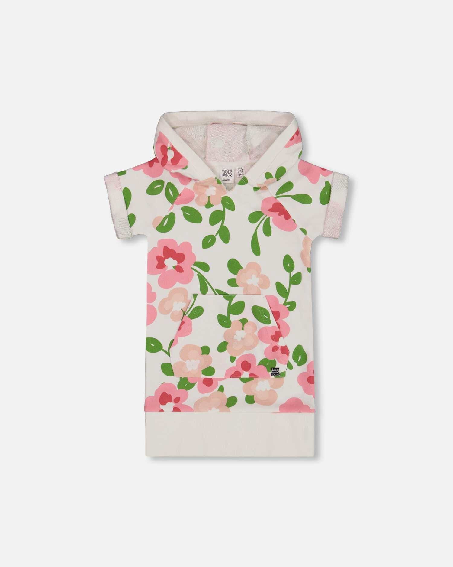 Printed French Terry Hooded Dress Pink Flowers On White Background ...