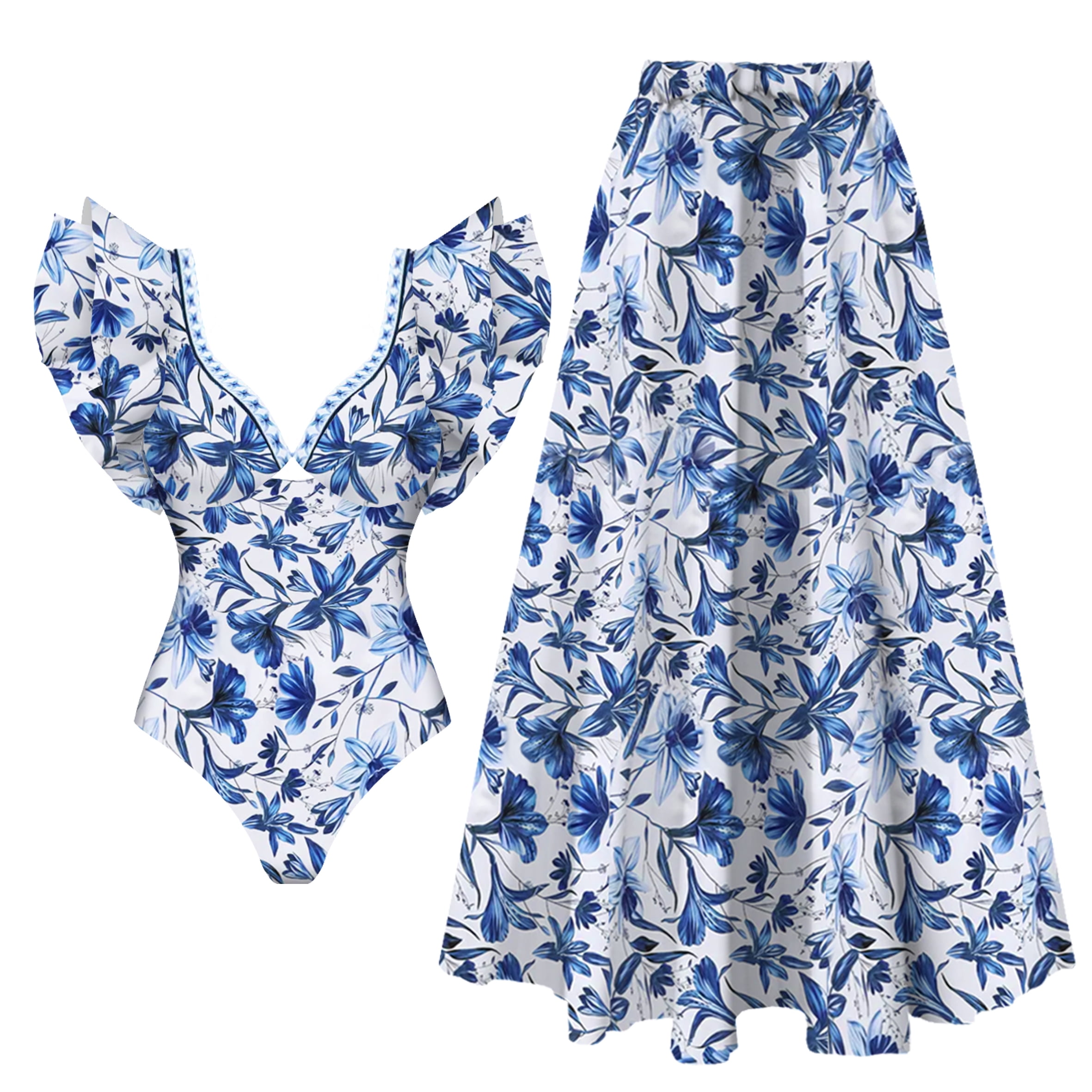 Printed Ruffle One Piece Swimsuit With Cover Up Sexy Swimwear Women ...