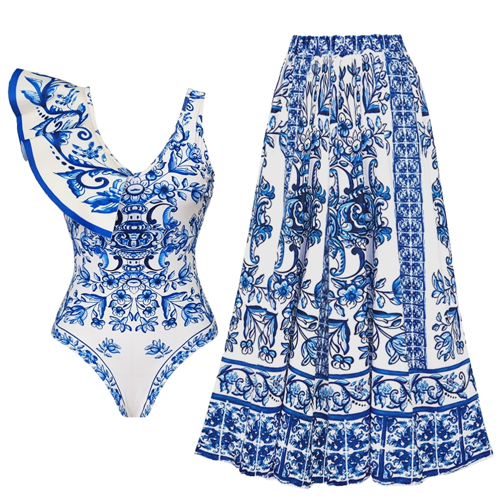 Printed Ruffle One Piece Swimsuit With Cover Up Sexy Swimwear Women ...