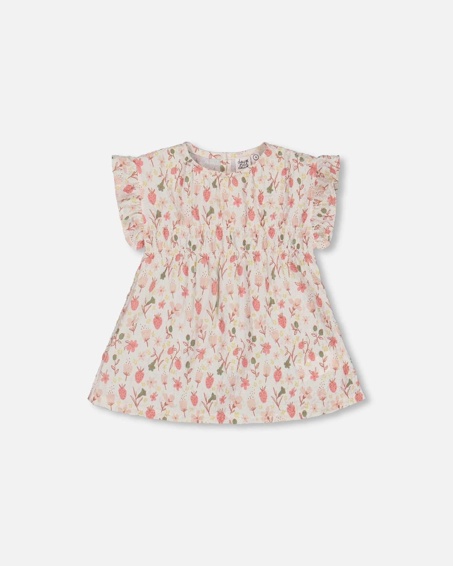 Printed Seersucker Blouse With Frills Pink Flowers On Cream Background ...