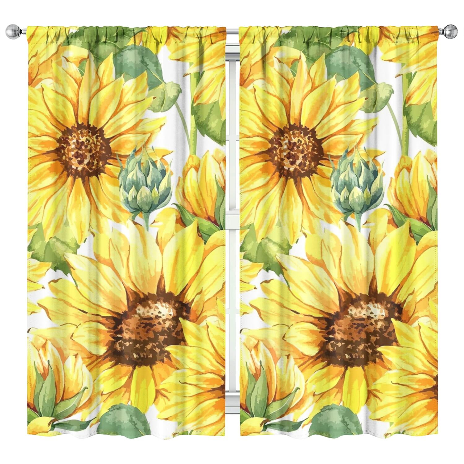 Printed Sunflower Curtains 42x84 Inch Rod Pocket Blackout Drapes 2 Panels, Nature-Inspired ...
