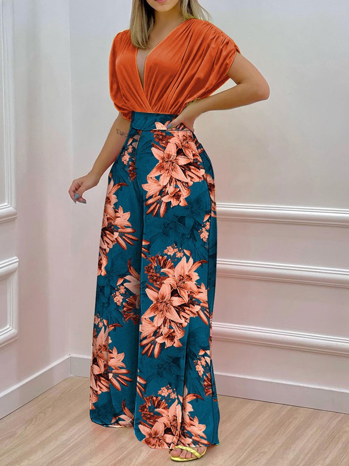 Printed Surplice Top and Wide Leg Pants Set - Walmart.com
