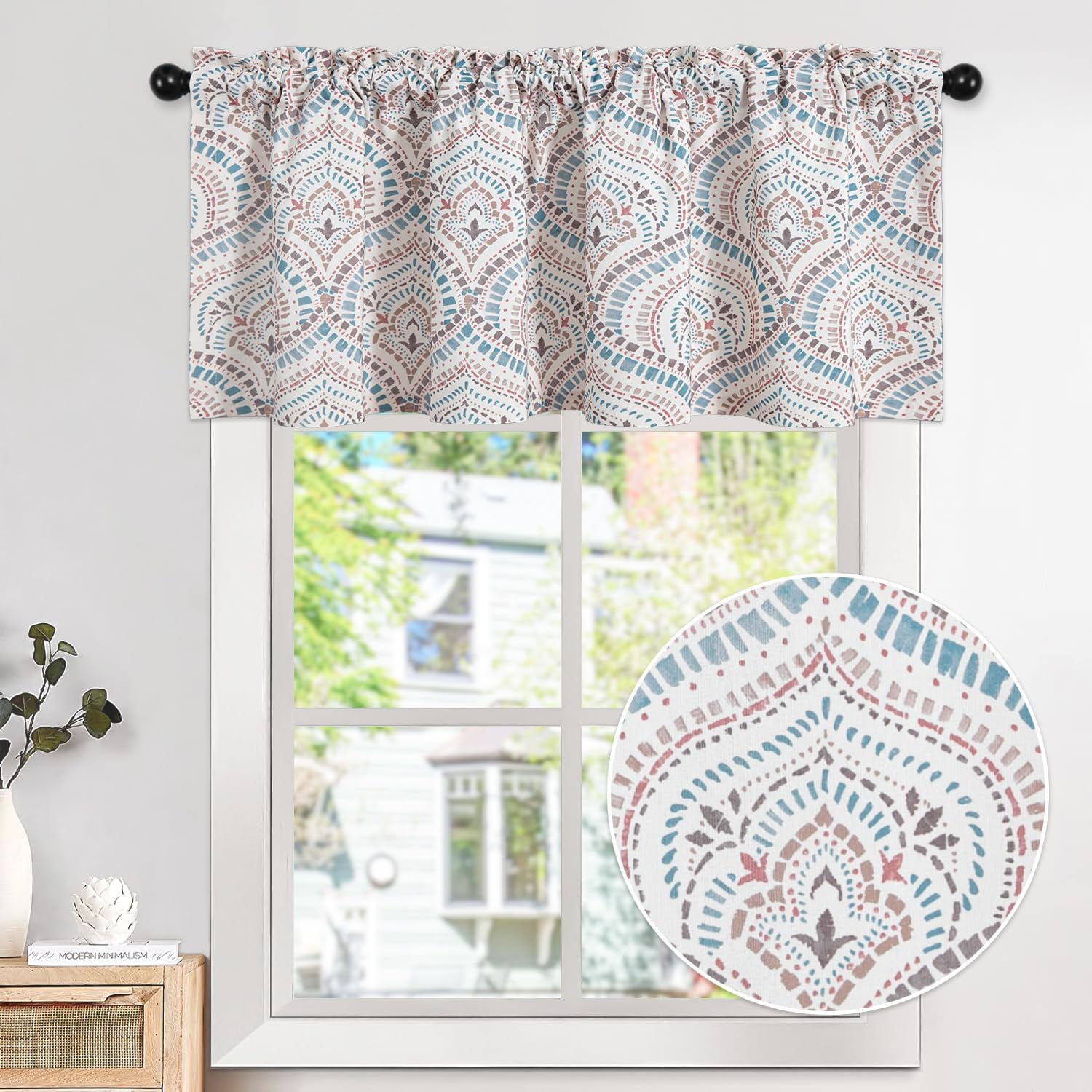 Printed Window Kitchen Valance, Linen Texture Retro Style Small Curtain ...