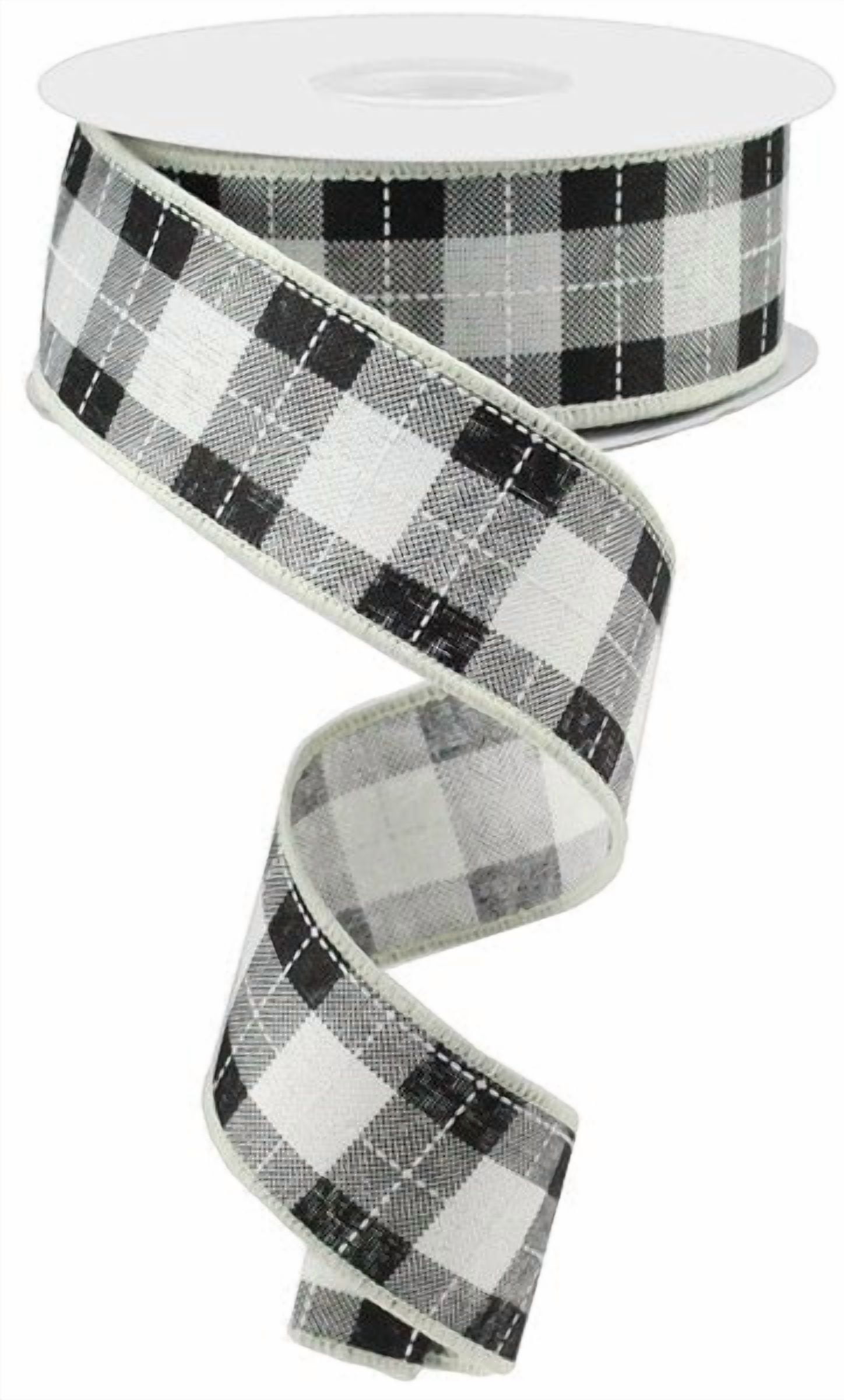 Printed Woven Check Wired Edge Ribbon - 10 Yards (Ivory, Black, White ...