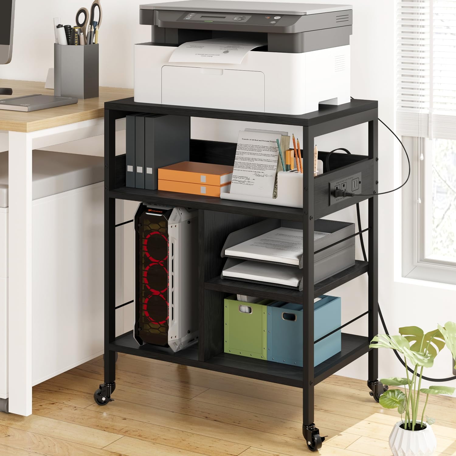 Printer Cart, 4 Tier Mobile Printer Stand, Rolling Cart with Power ...
