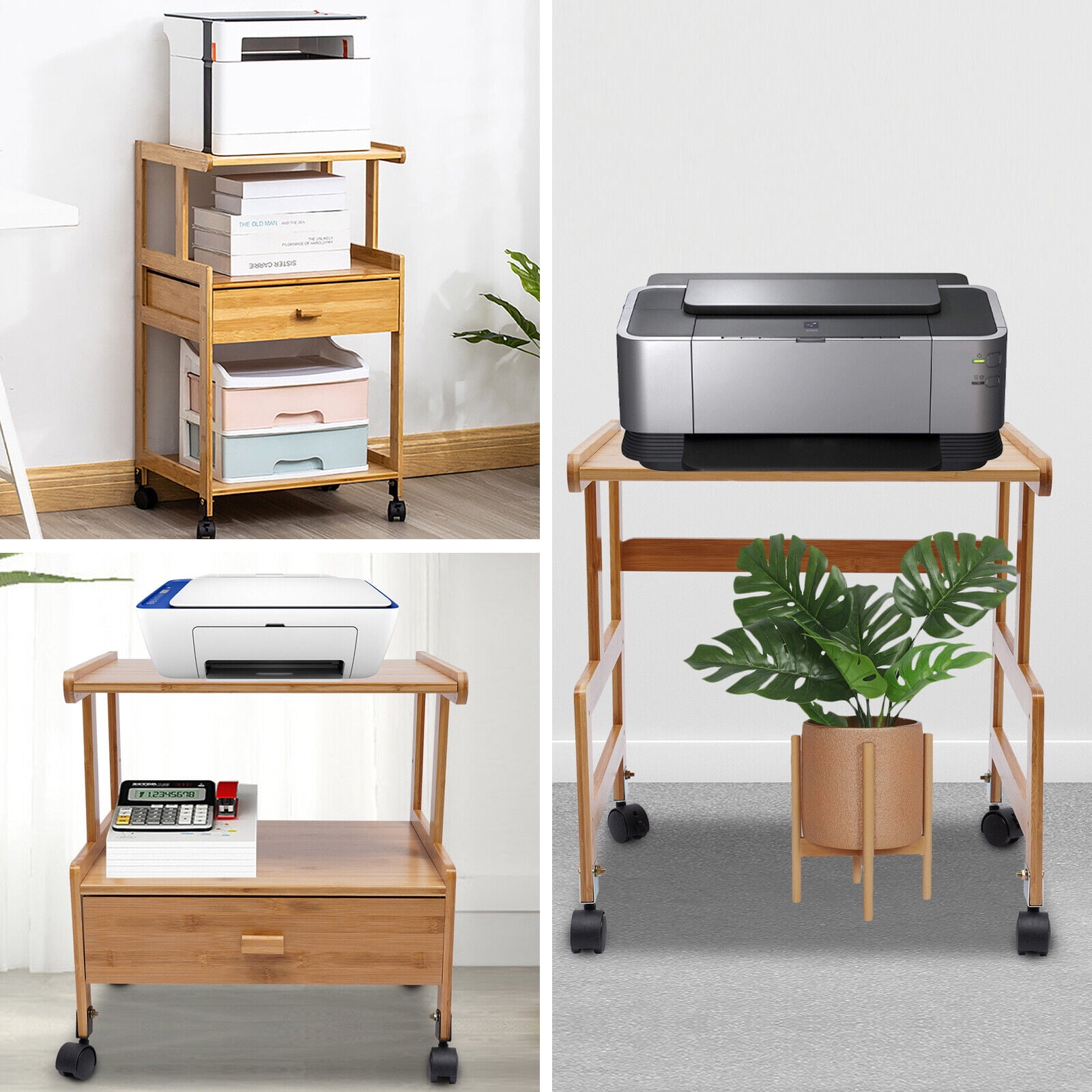Printer Cart Bamboo Printer Stand Holder Rolling Printer Cart With ...